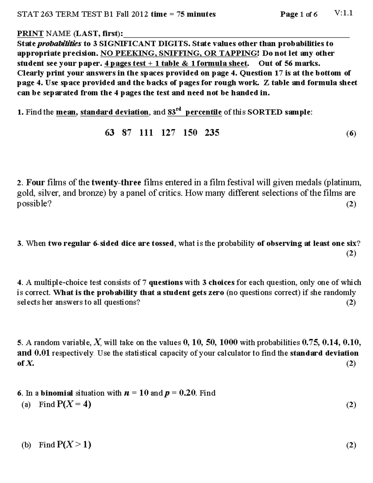 12 F Termtest 1 - STATS EXAM - STAT 263 TERM TEST B1 Fall 2012 time ...