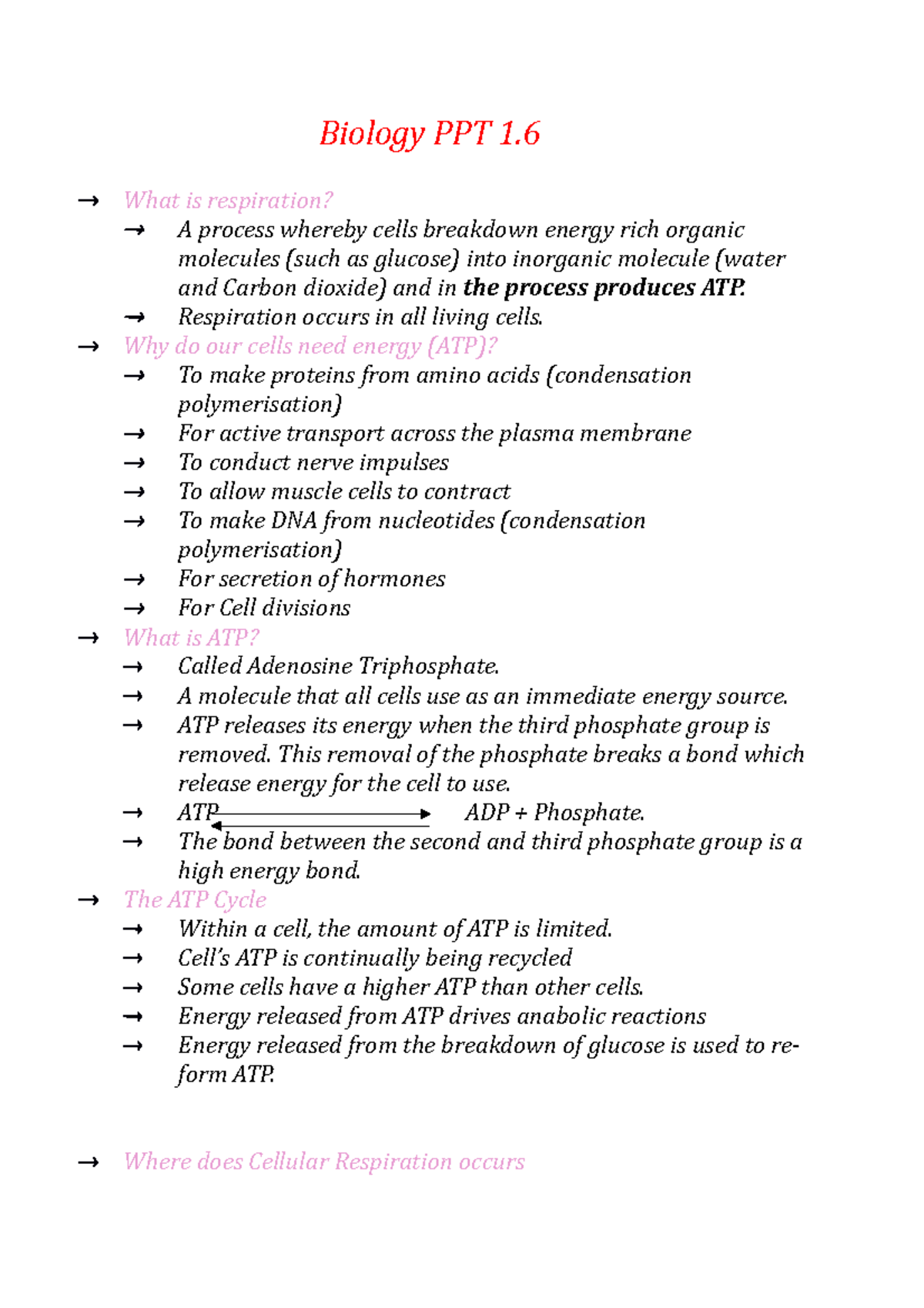 Biology PPT 6 - summary notes - Biology PPT 1. What is respiration? A ...