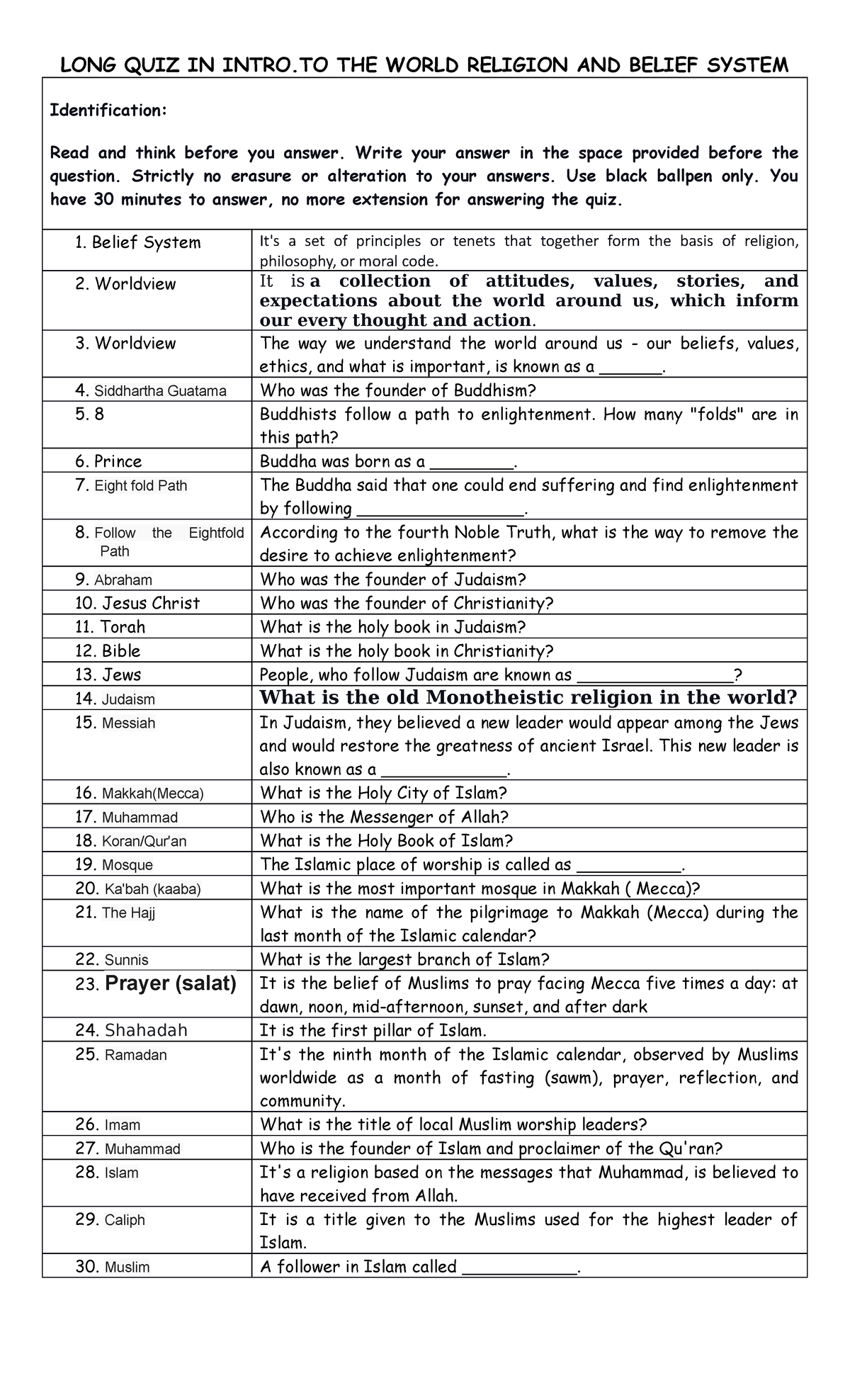 LONG QUIZ Religion GAS - LONG QUIZ IN INTRO THE WORLD RELIGION AND ...
