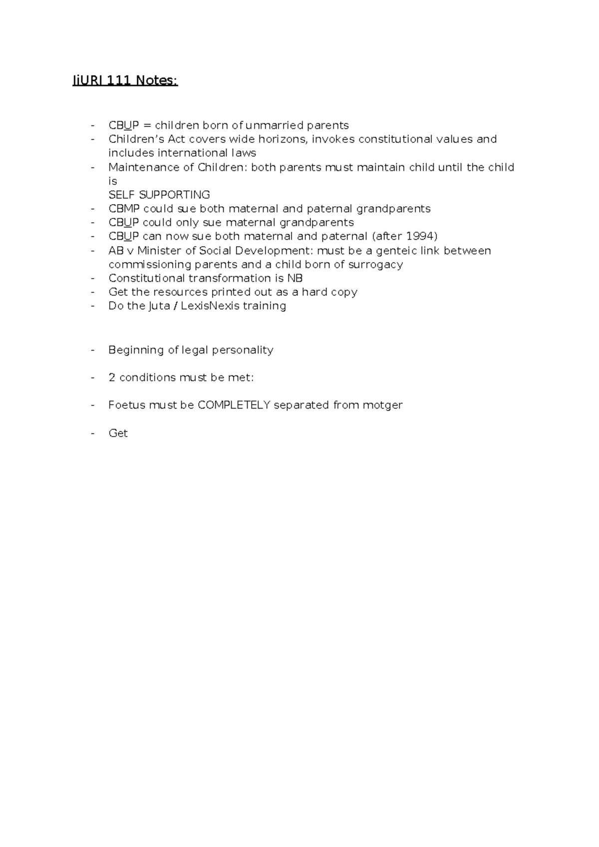 IURI 111 Notes - IiURI 111 Notes: CBUP = children born of unmarried ...