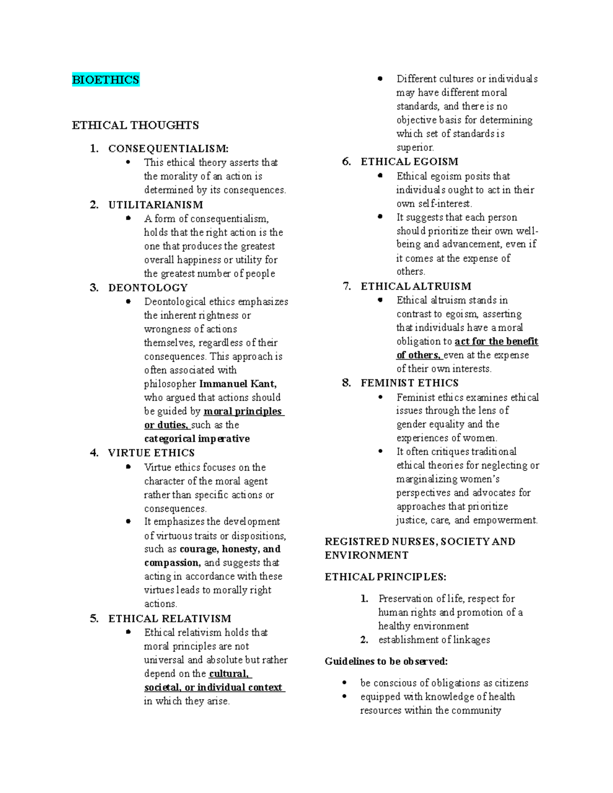Bioethics Midterms - BIOETHICS ETHICAL THOUGHTS 1. CONSEQUENTIALISM ...