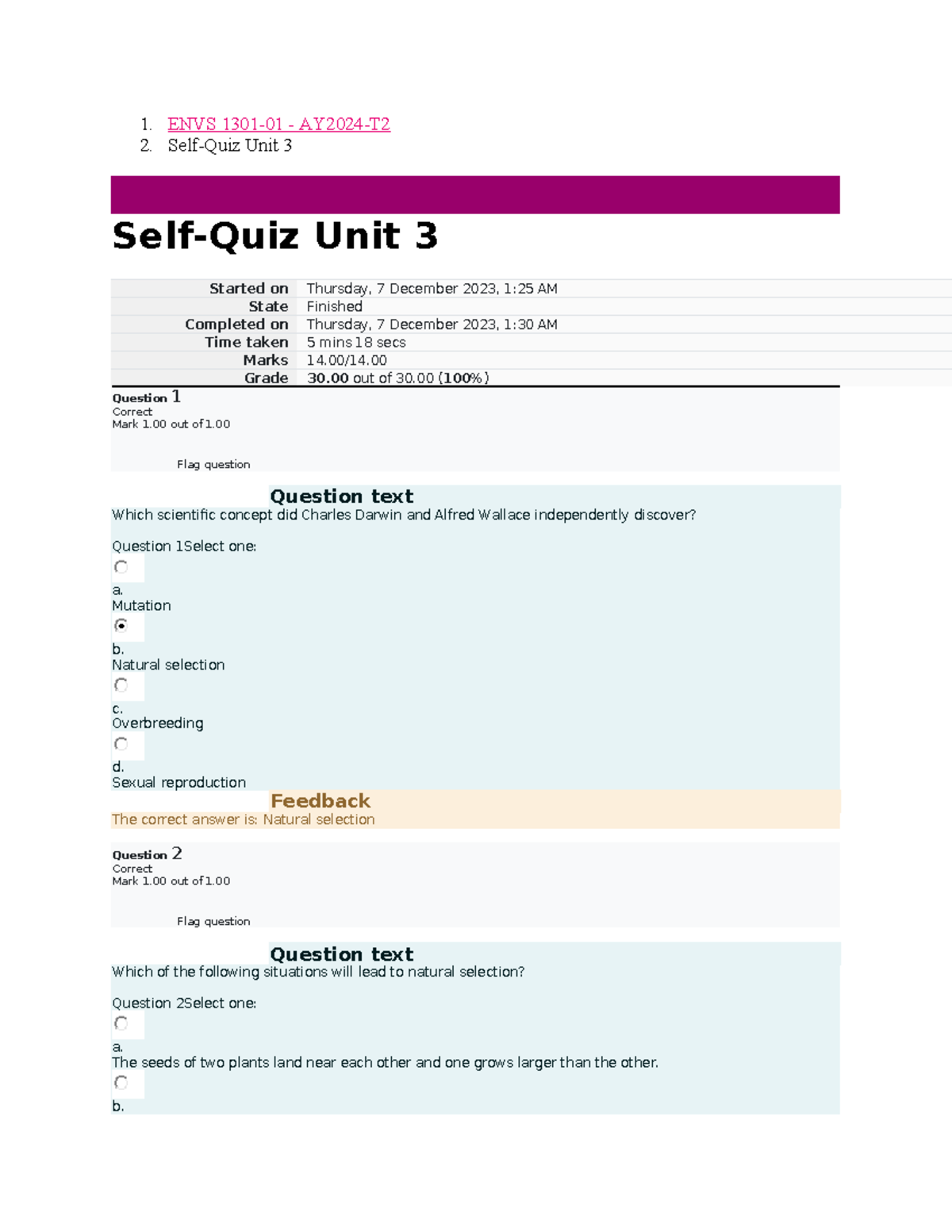ENVS 1301 self quiz unit 3 - 1. ENVS 1301-01 - AY2024-T 2. Self-Quiz Unit 3 Self-Quiz Unit 3 ...
