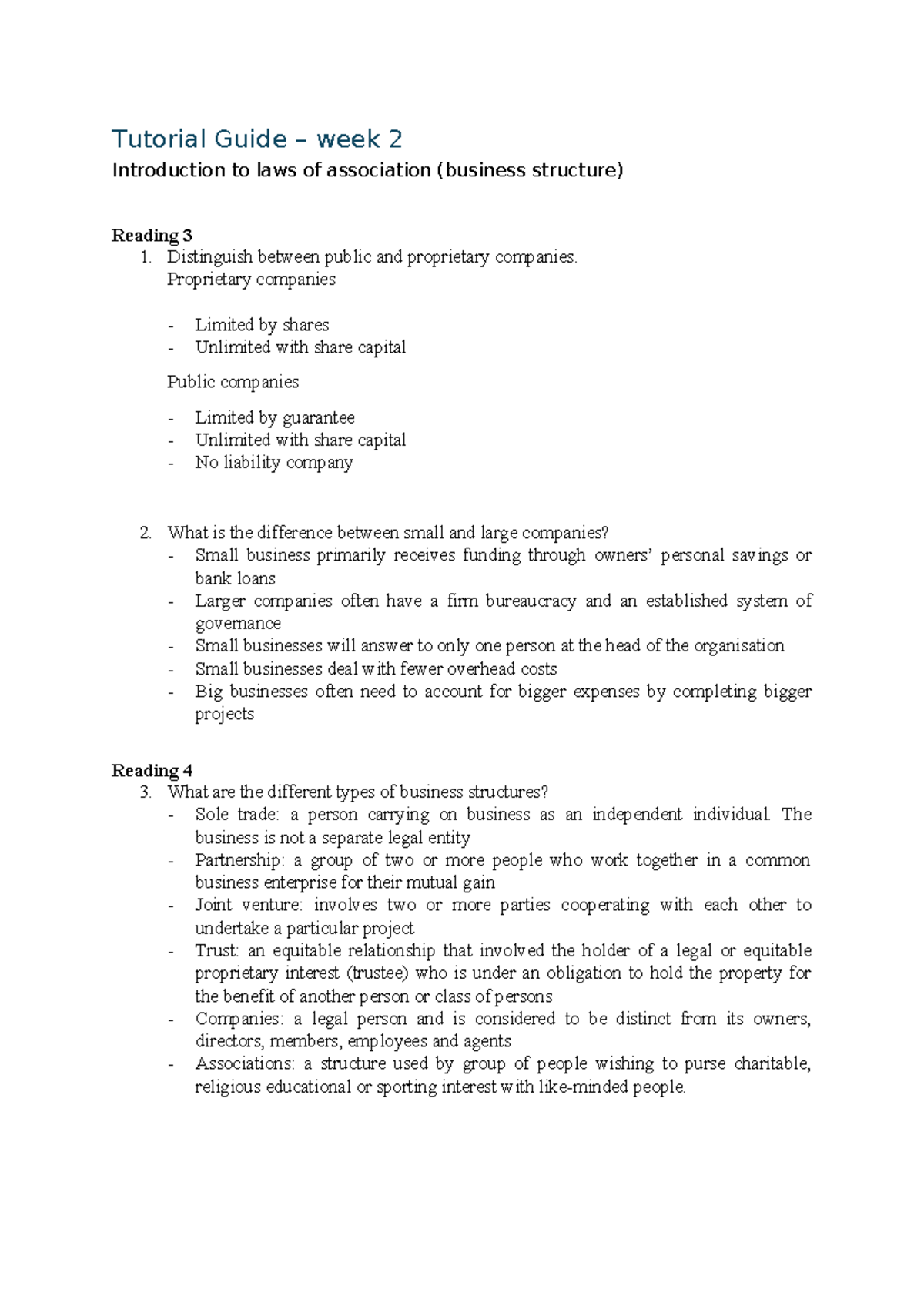 Tutorial week 2 - week 2 - Tutorial Guide – week 2 Introduction to laws of association (business ...