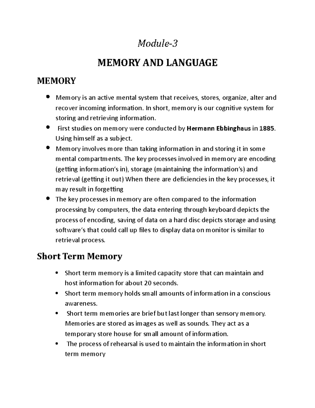 Memory and language - Module- MEMORY AND LANGUAGE MEMORY Memory is an ...