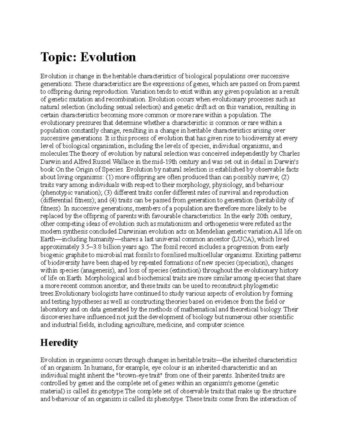 Evolution - Assingment on the topic. - Topic: Evolution Evolution is ...