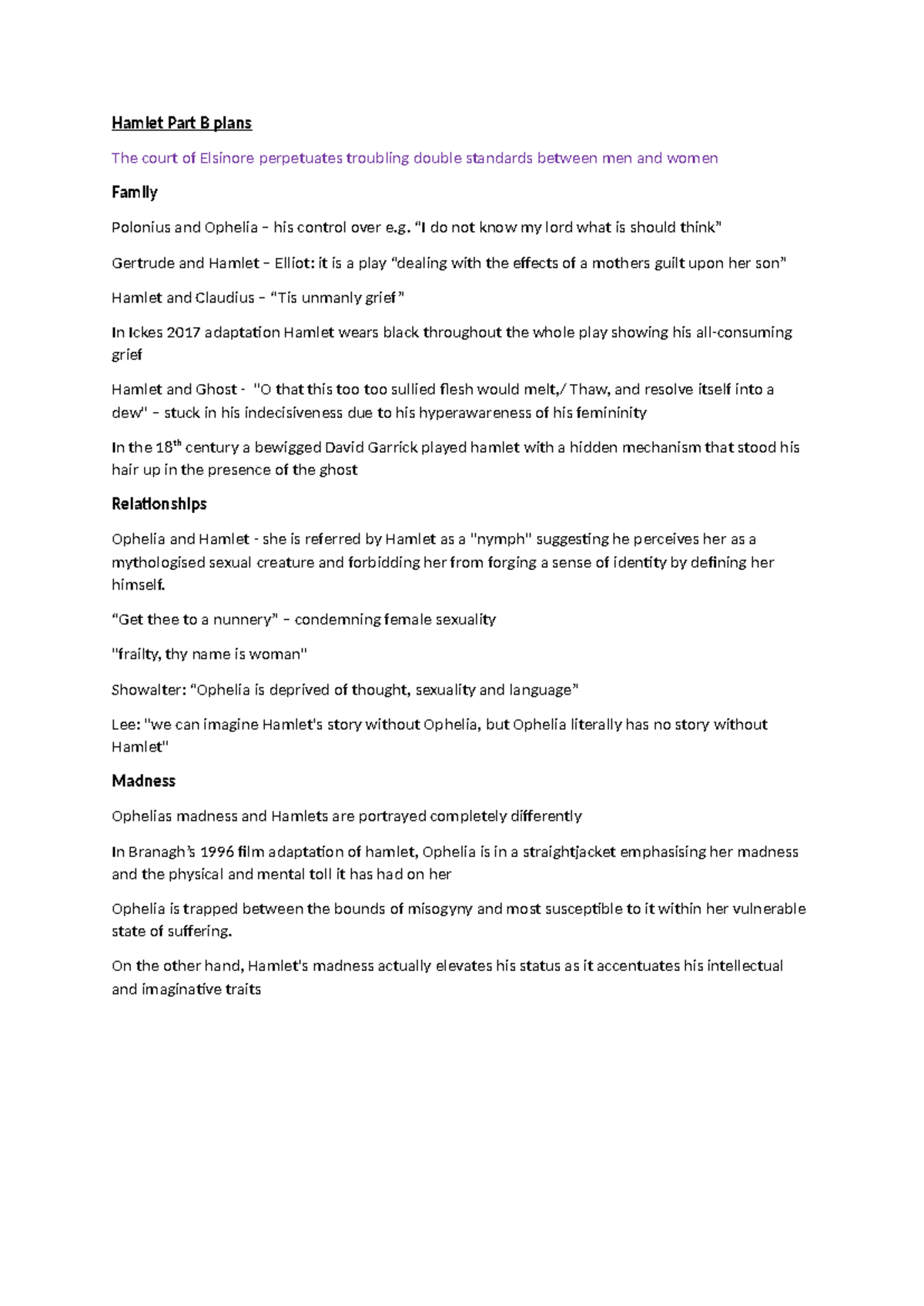 Hamlet Part B plan1 - plans fro english paper 1 - Hamlet Part B plans ...