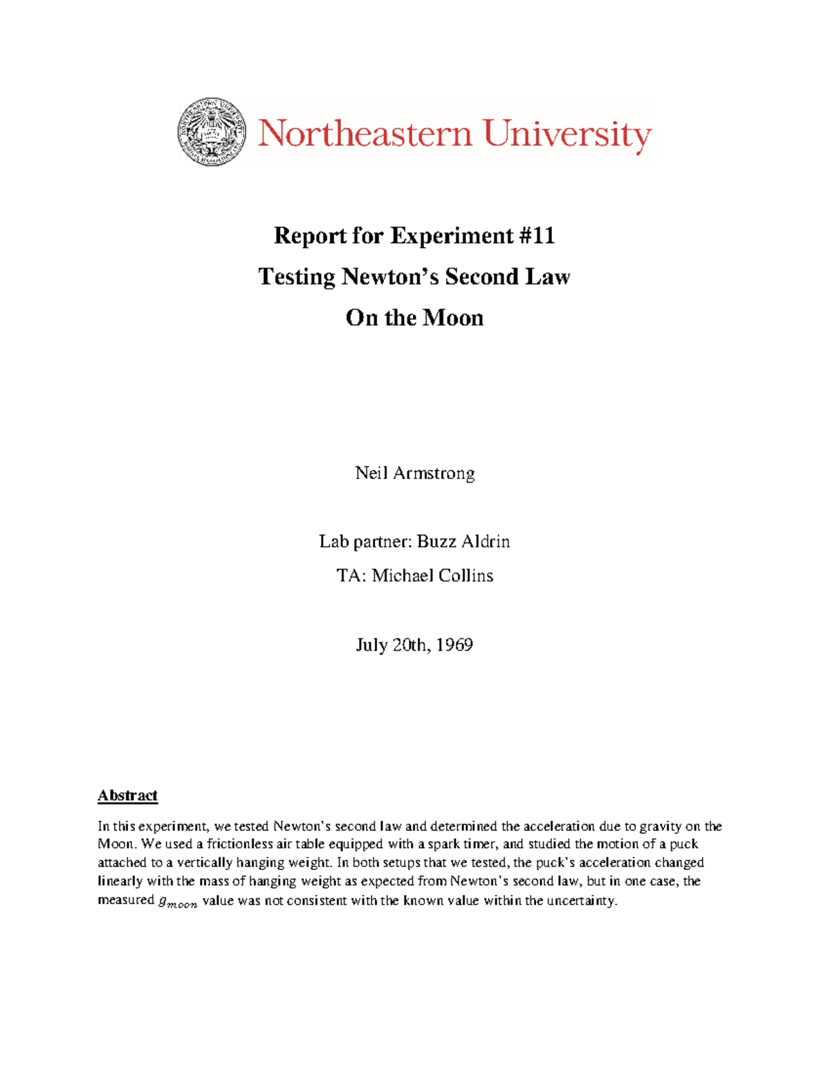 IPL Sample Lab Report - Report for Experiment Testing Newton’s Second ...