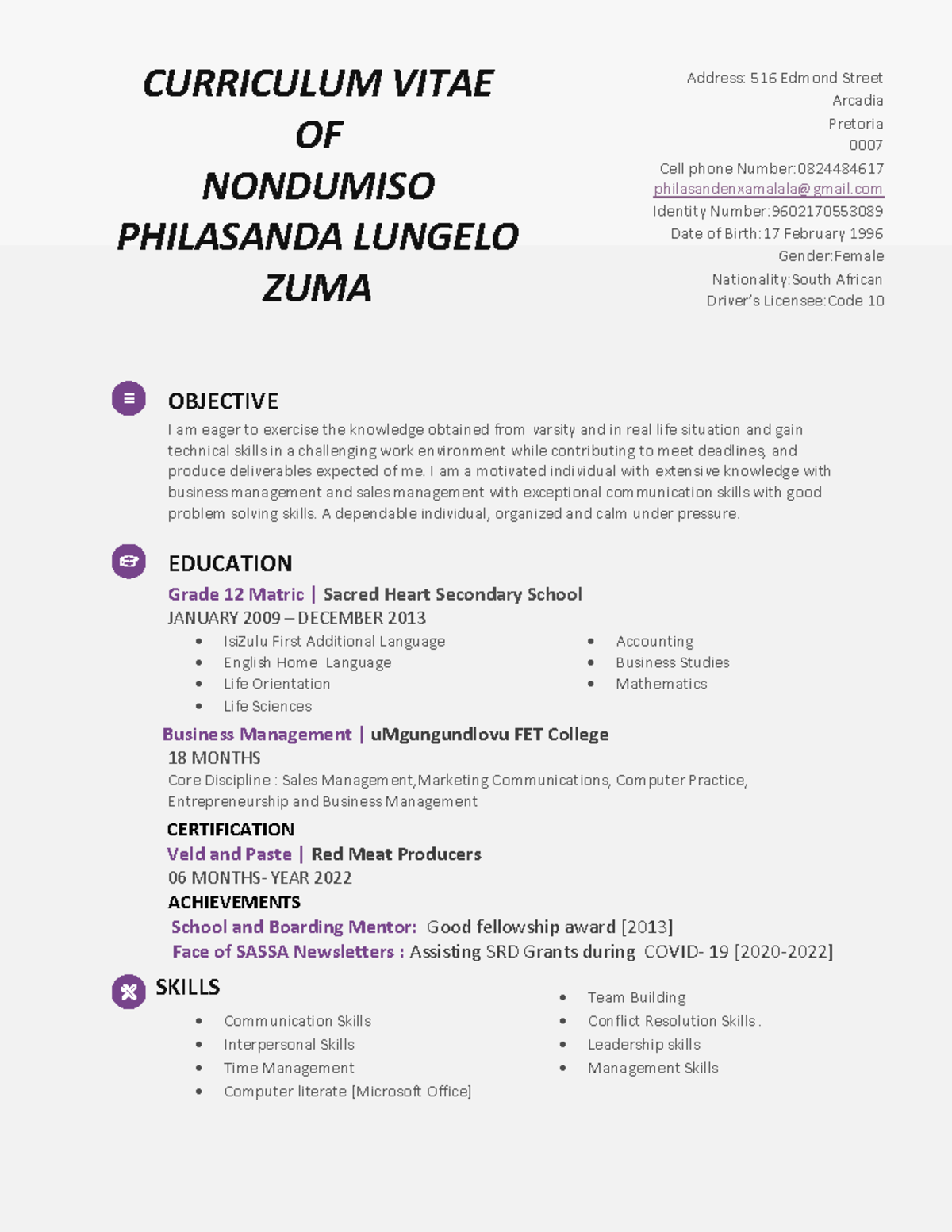 CV of Miss NPL Zuma - Completed all nated courses - CURRICULUM VITAE OF ...