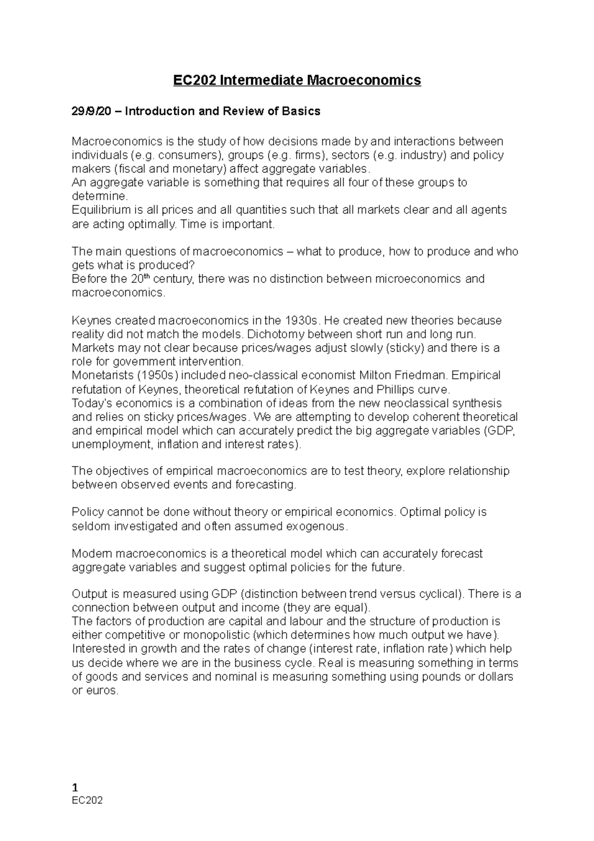 EC202 Intermediate Macroeconomics Notes - EC202 Intermediate ...