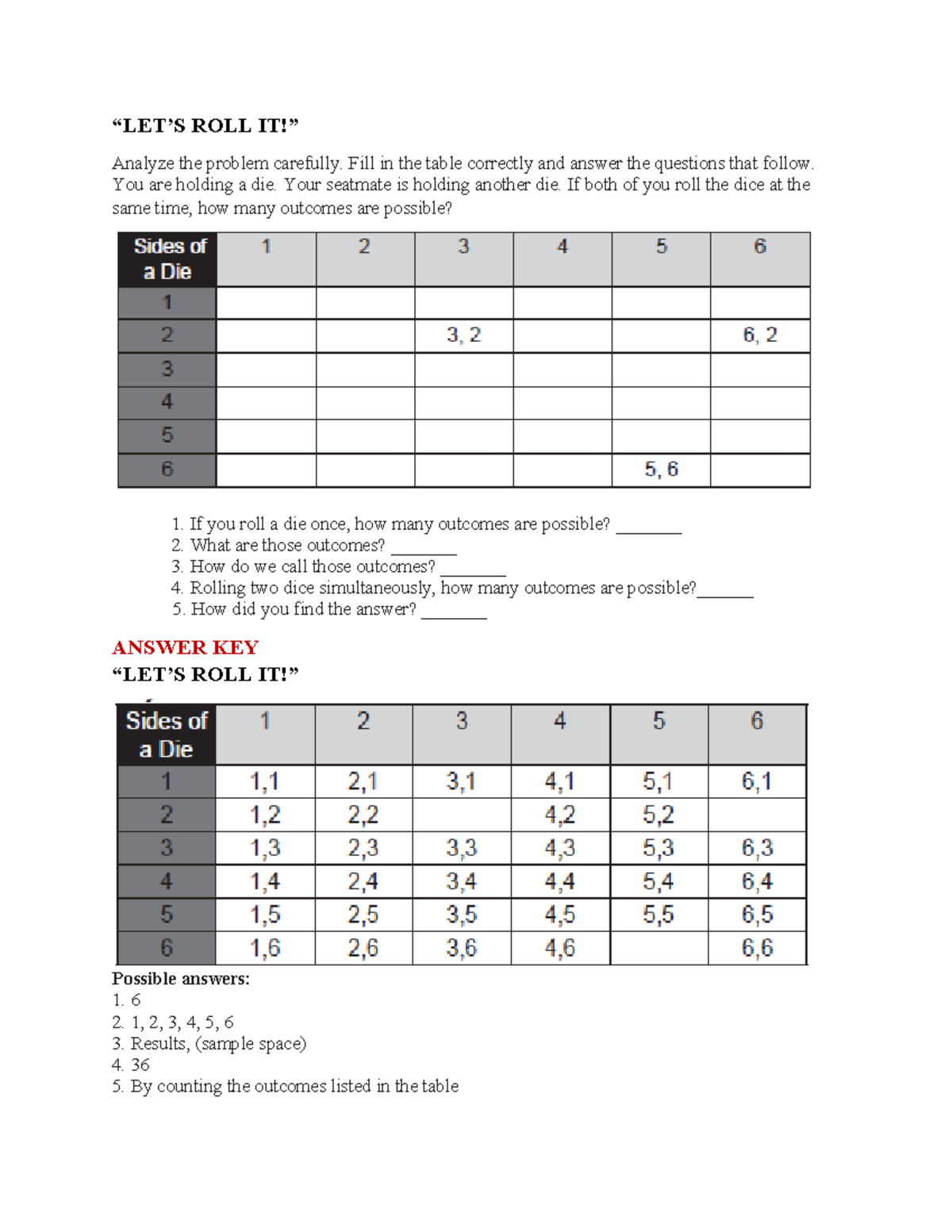 SLK- Probability - “LET’S ROLL IT!” Analyze the problem carefully. Fill ...
