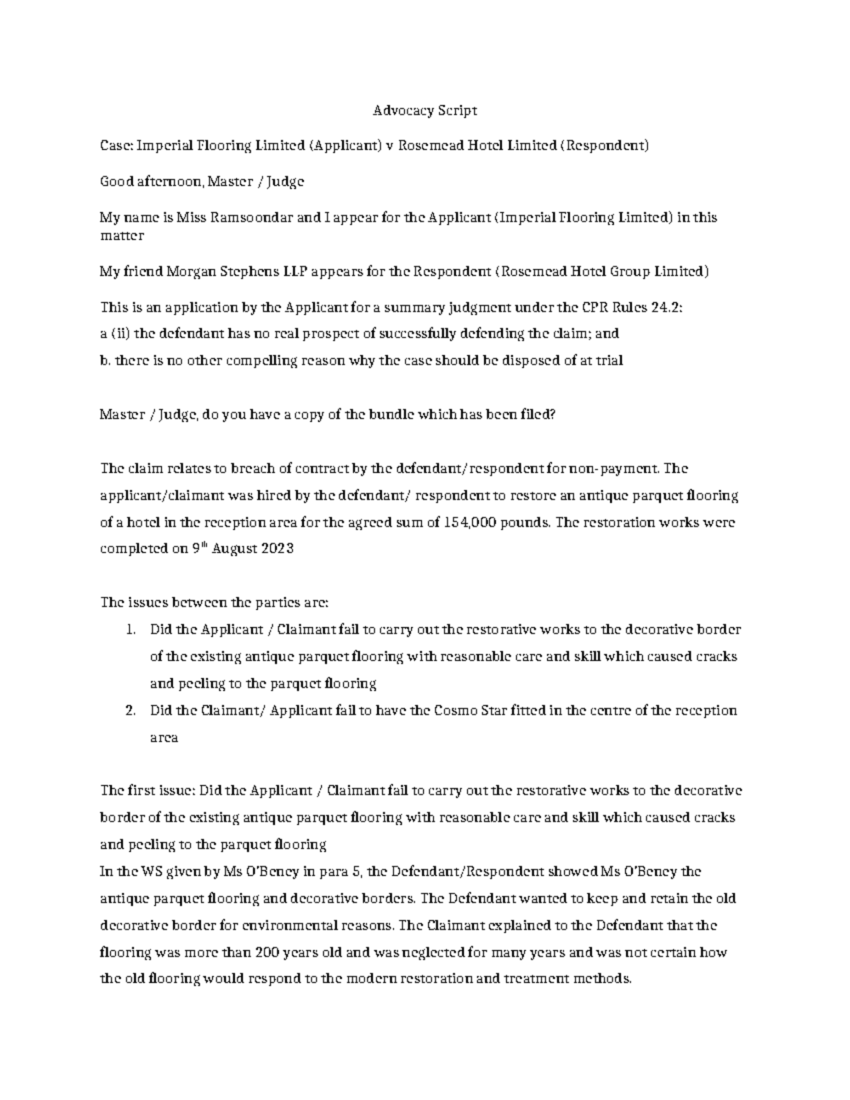 Advocacy Script - Summary Law and legal systems - Advocacy Script Case ...