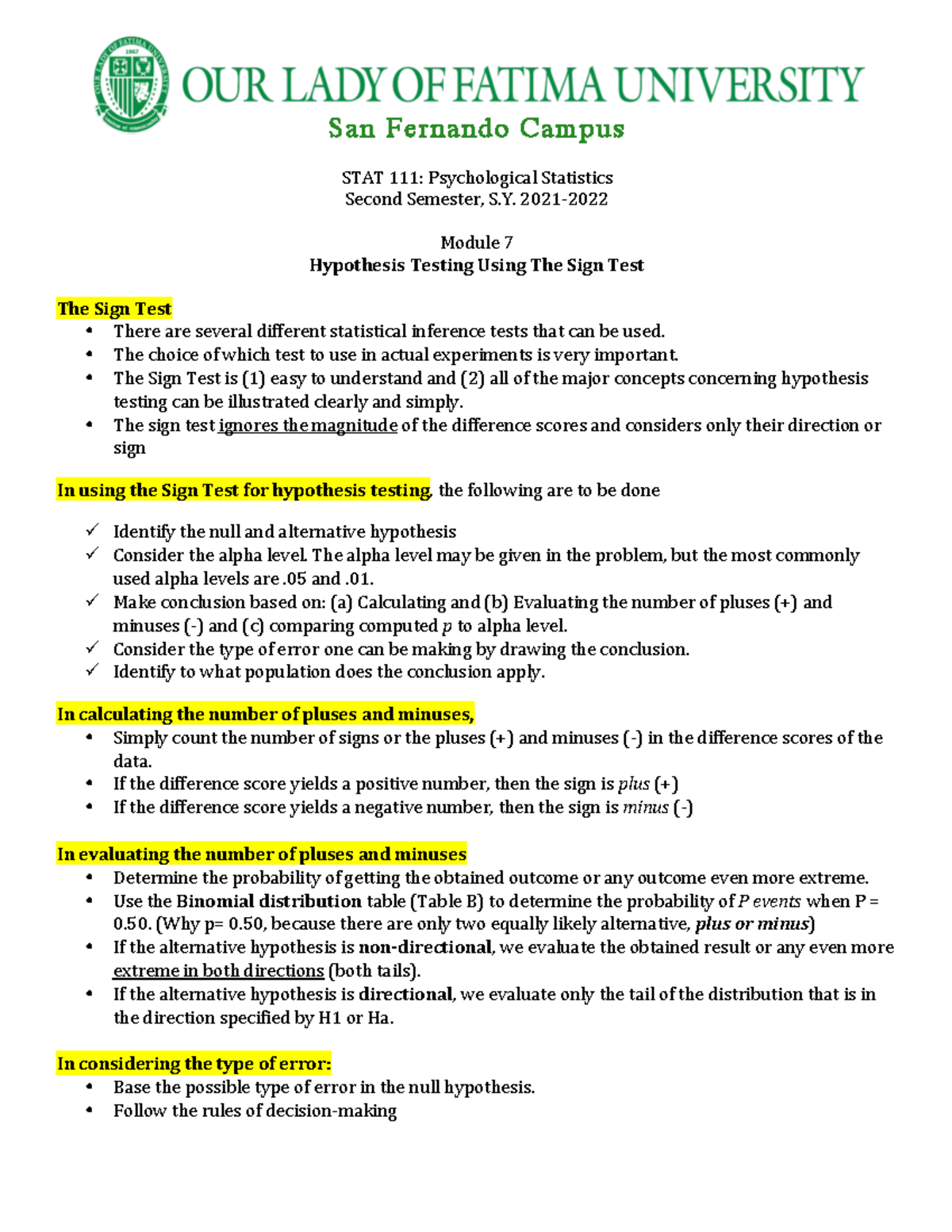 Module 7 Hypothesis Testing Using the Sign Test - San Fernando Campus ...