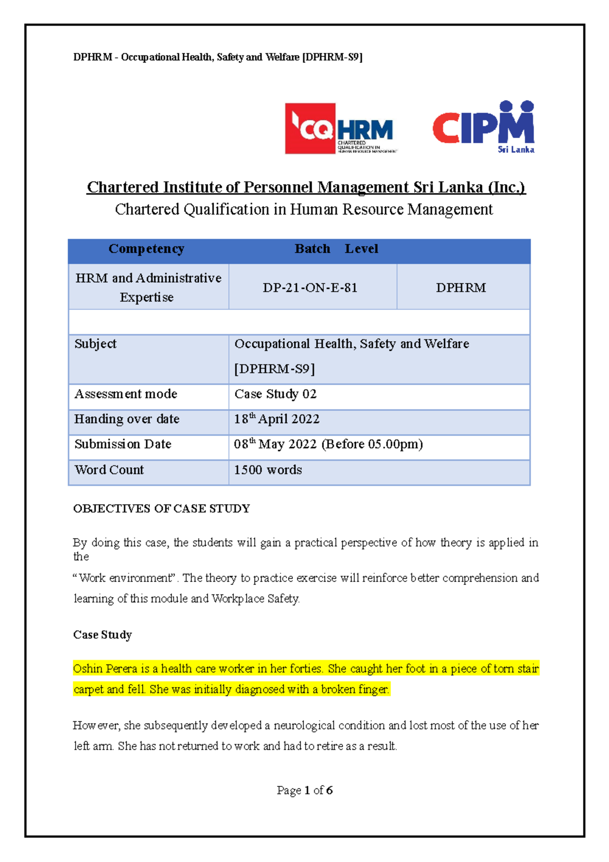 Dphrm - Occupational Health, Safety and Welfare [ Dphrm-S9] - DP-21-ON-E-81 - Chartered ...