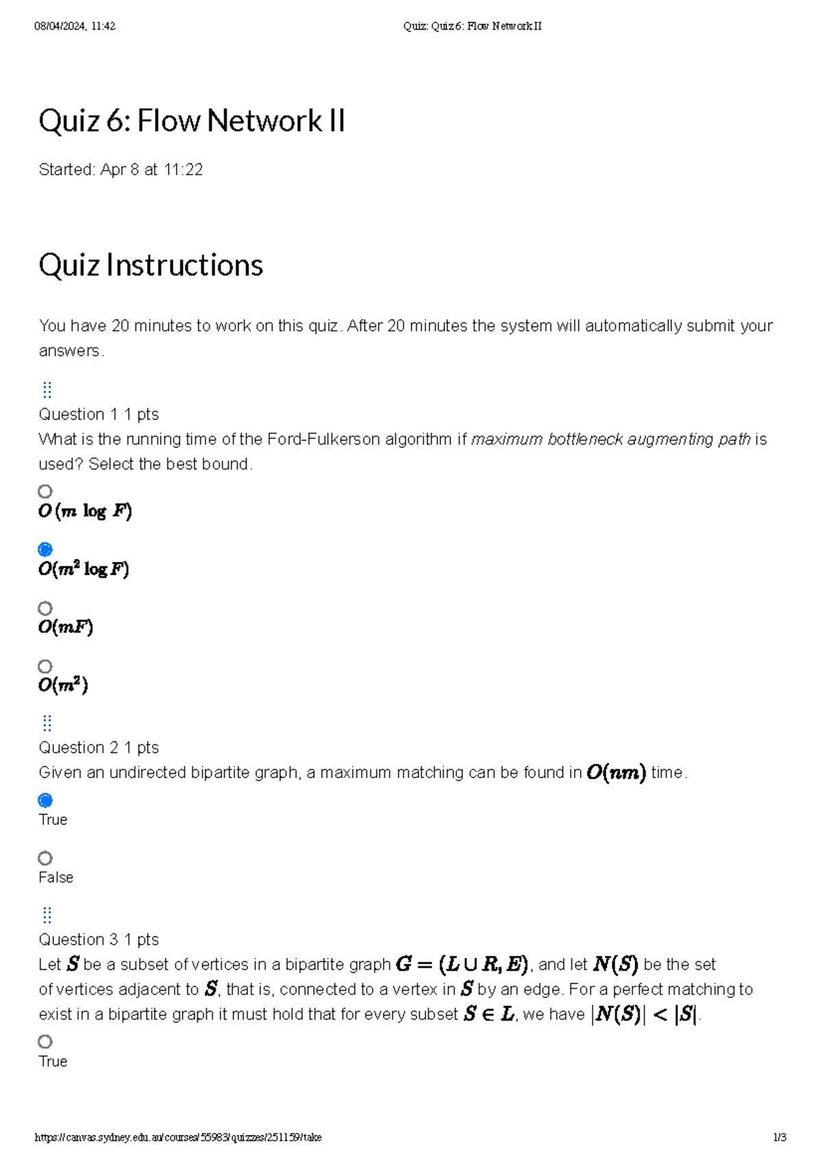 Quiz 6 Flow Network II - sydney.edu/courses/55983/quizzes/251159/take 1/ Quiz 6: Flow Network II ...