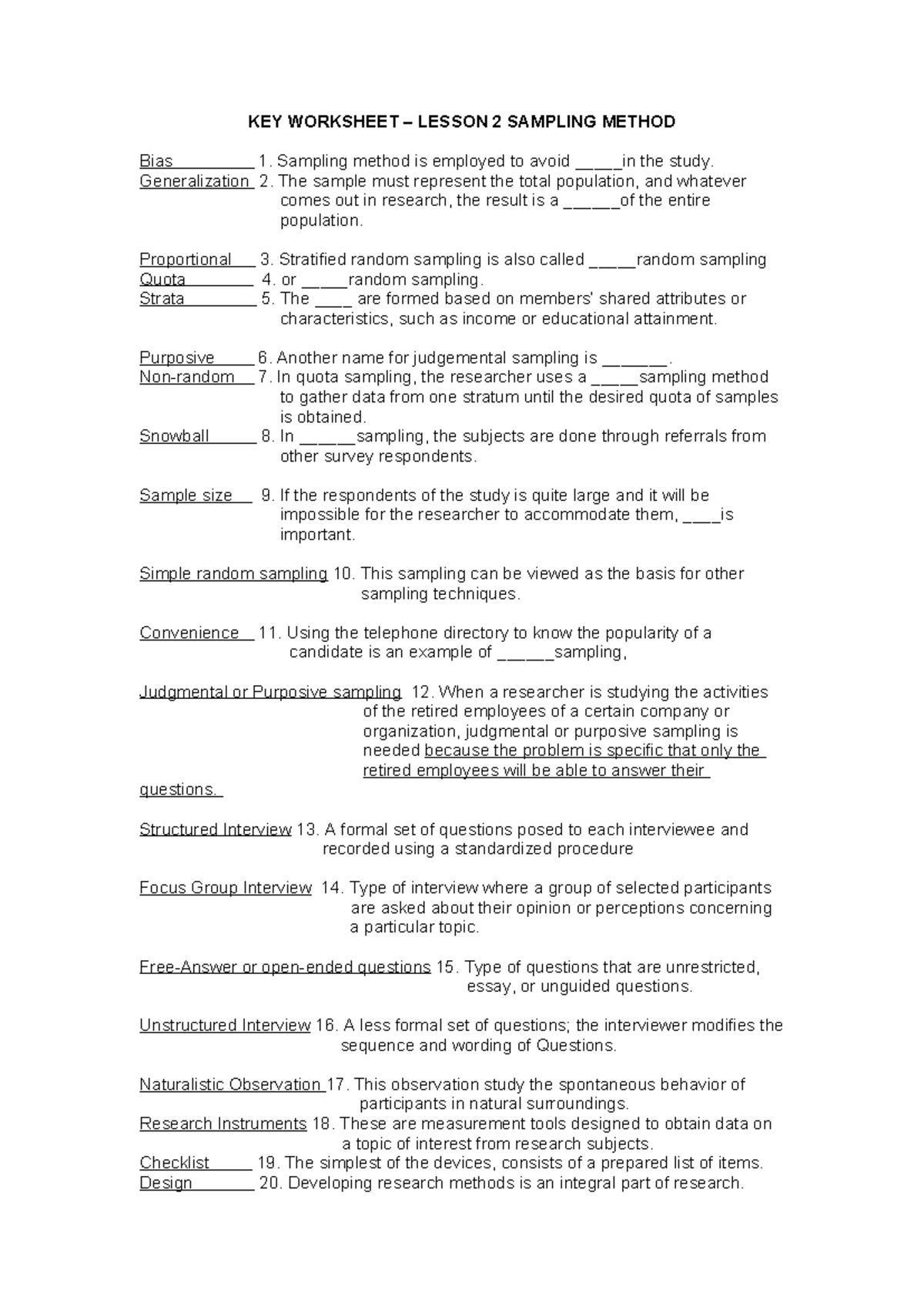 KEY Worksheet – Lesson 2 Sampling Method - KEY WORKSHEET – LESSON 2 ...