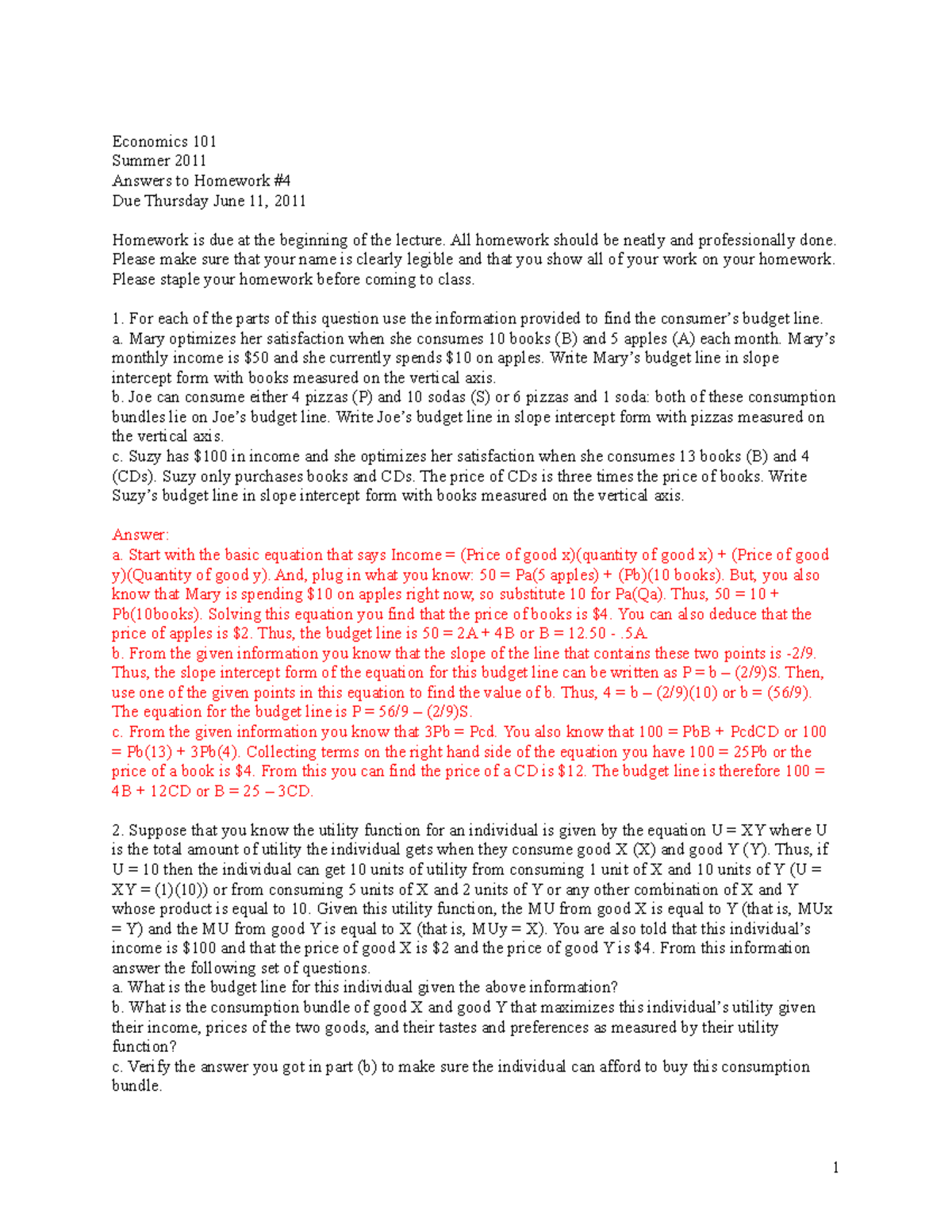 Answerstohomework 4summer 2011 - Economics 101 Summer 2011 Answers to ...