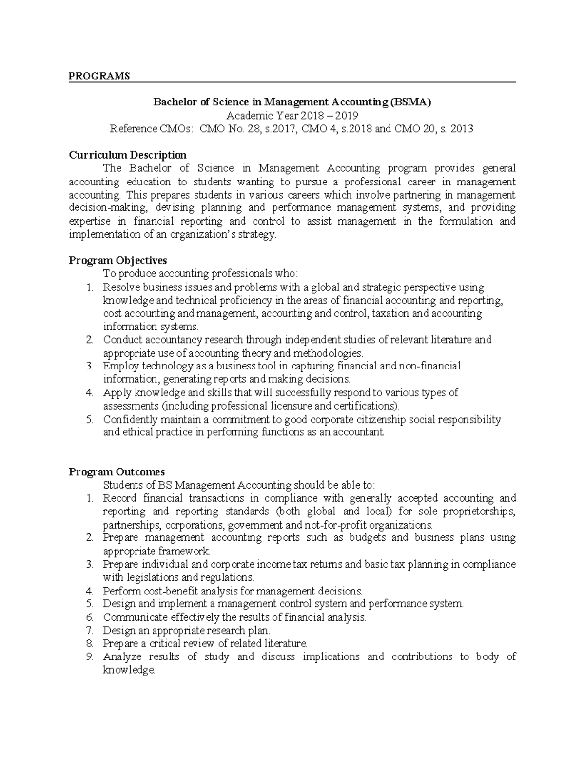 Bachelor of Science in Management Accounting BSMA - PROGRAMS Bachelor ...