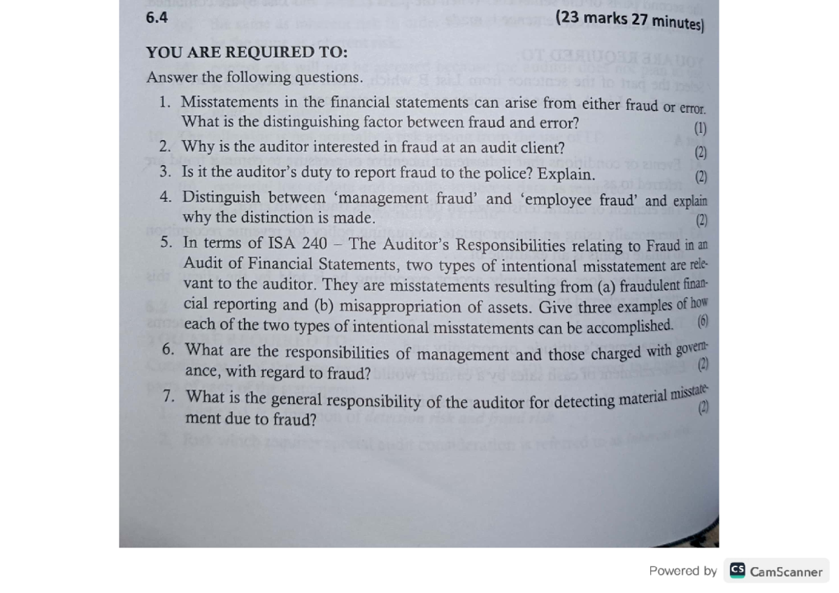Practice questions on materiality, risk and fraud - 6 (23 marks 27 ...