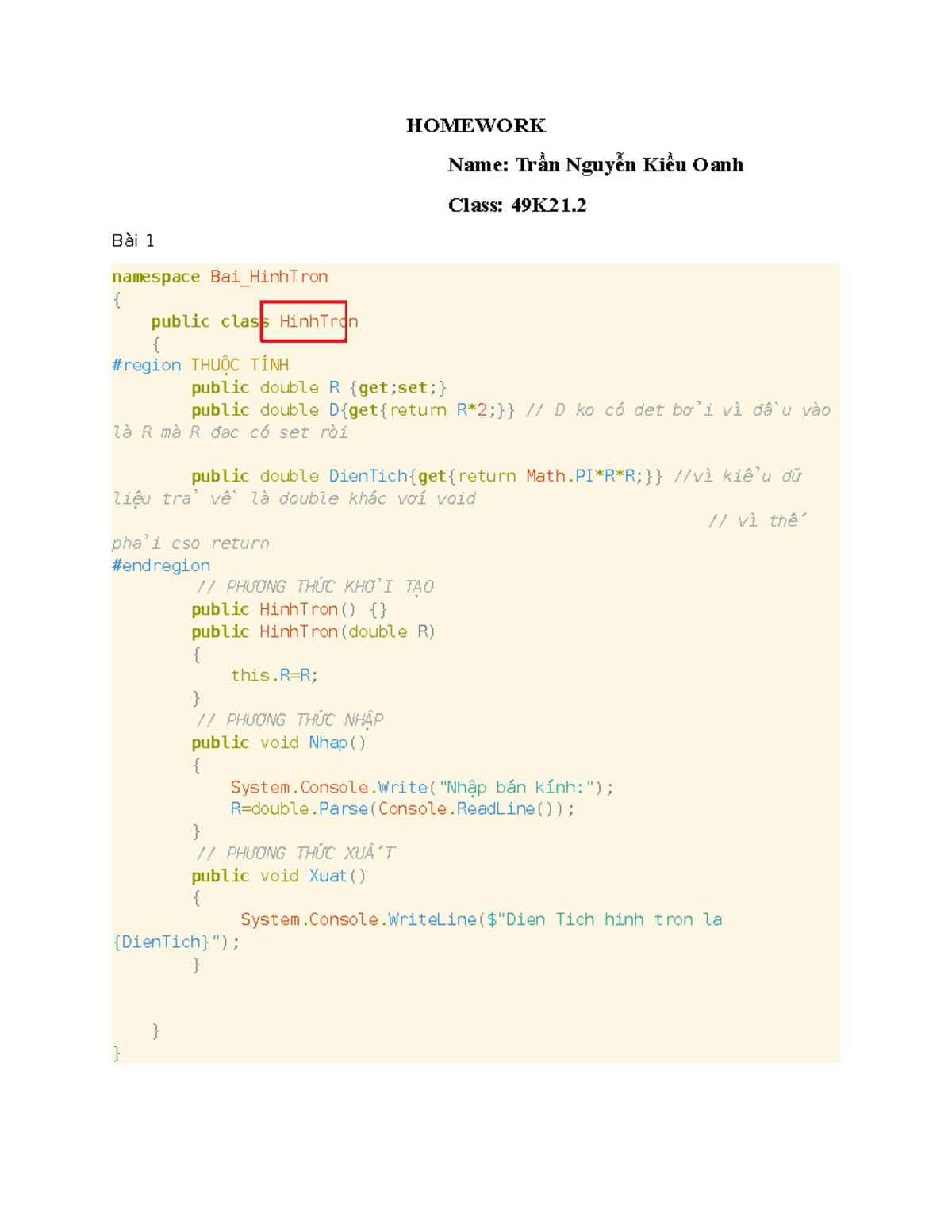 Bt chuong 5 - xcvxv - HOMEWORK Name: Trần Nguyễn Kiều Oanh Class: 49K21. Bài 1 namespace - Studocu