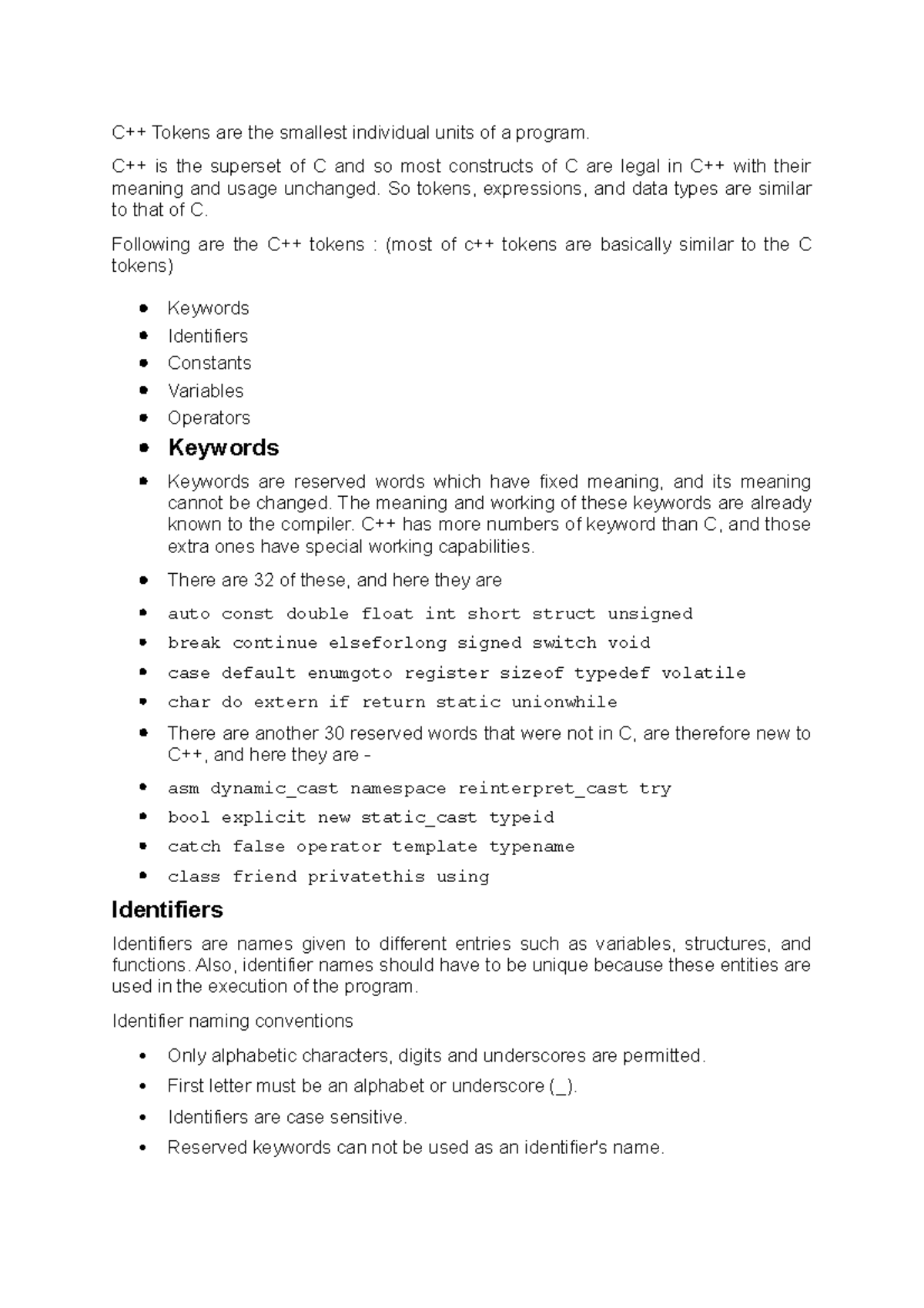 Chapter 3 yogiramsuratkumar notes - C++ Tokens are the smallest ...