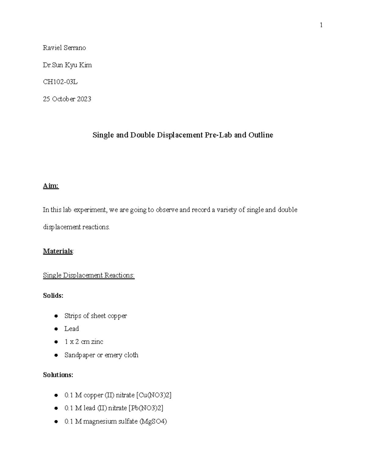 Single and Double Displacement Pre-Lab and Outline - Raviel Serrano Dr ...