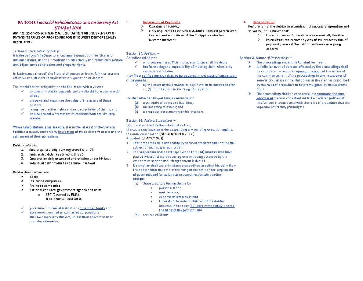 416689754 FRIA Class Notes - RA 10142 Financial Rehabilitation and ...