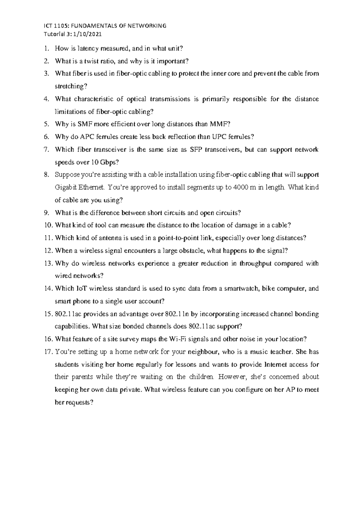 T3 ICT 1105 - Tutorial 3 Practice Questions - ICT 1105: FUNDAMENTALS OF NETWORKING Tutorial 3: 1 ...