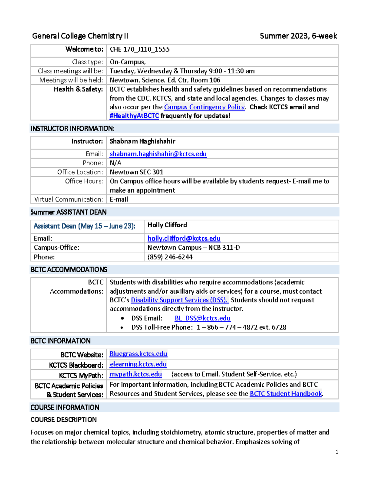 Syllabus-CHE 170-J110-Summer 2023-SH - General College Chemistry II ...