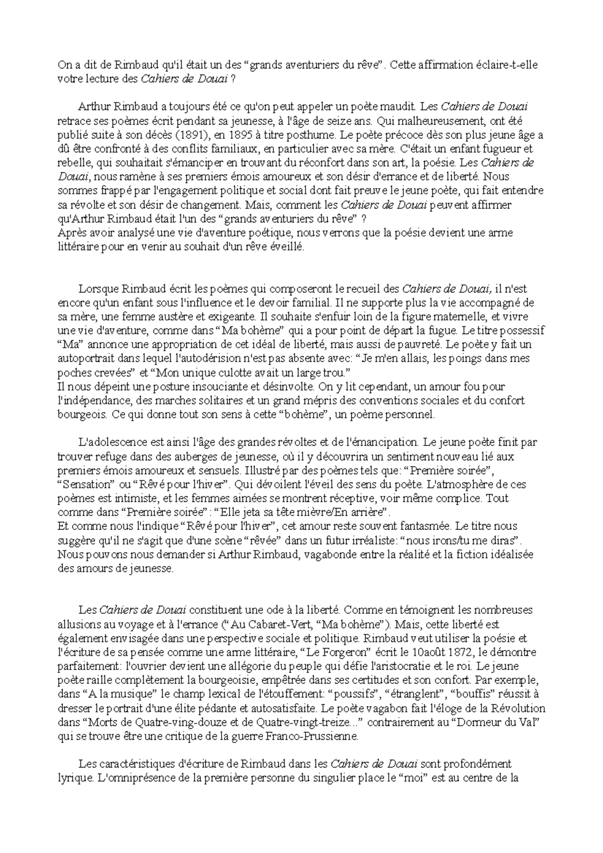 Dissertation Arthur Rimbaud les Cahiers de Douai - On a dit de Rimbaud ...