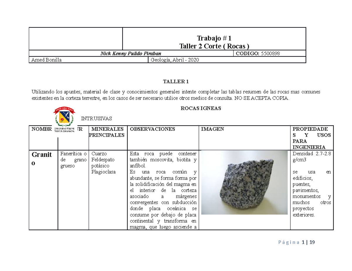 Taller 1 Tipos de rocas - material para practica - TALLER 1 Utilizando ...