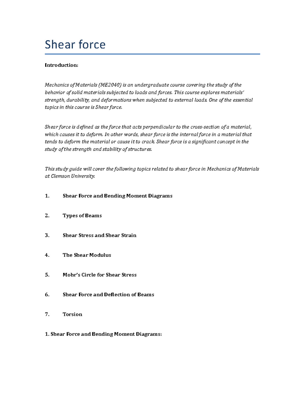 Shear force - Mechanics of Materials (ME2040) Lecture notes - Shear ...