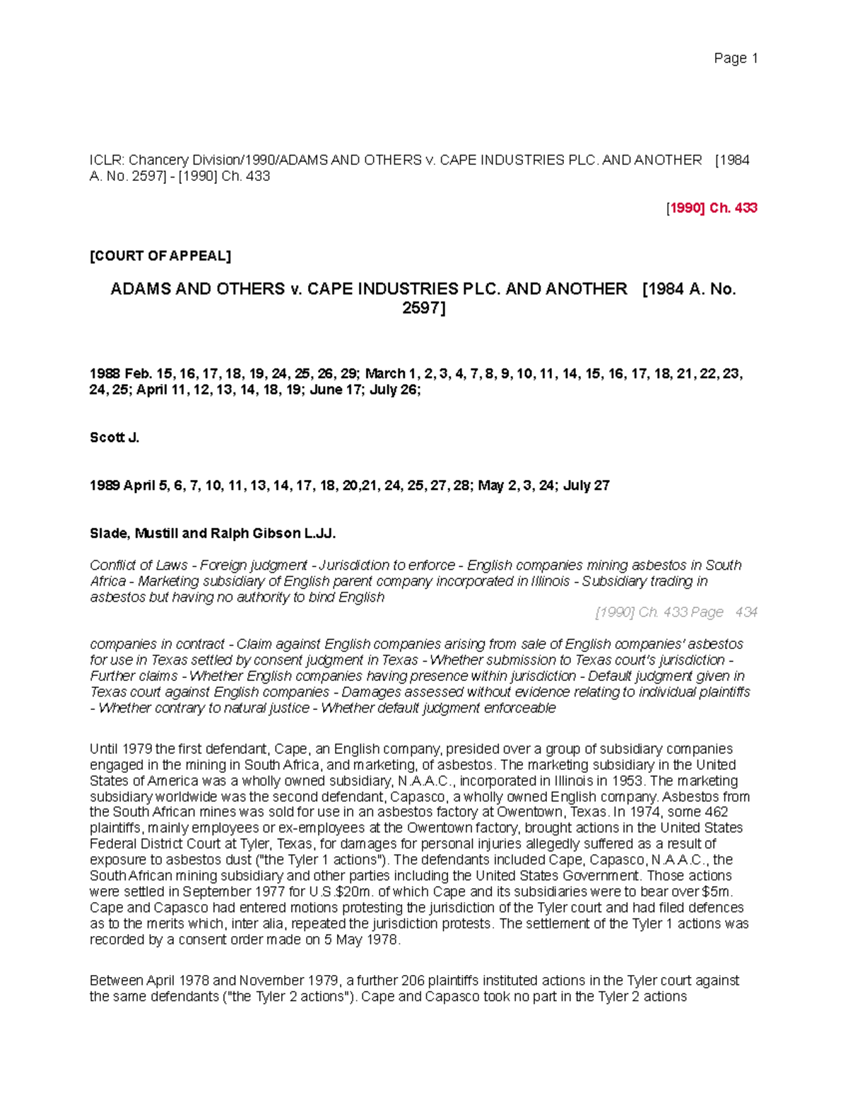 Adams AND Others v. CAPE Industries PLC. AND - ICLR: Chancery Division ...