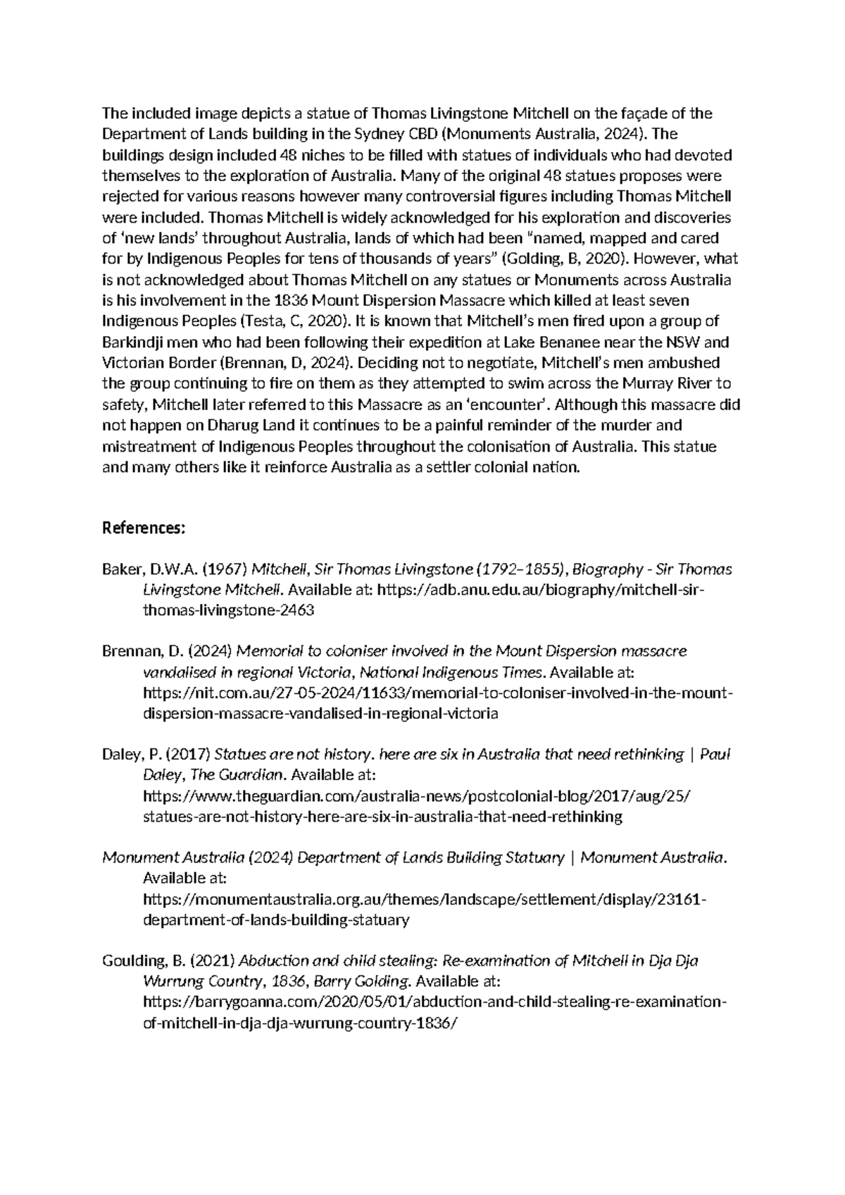 The included image depicts a statue of Thomas Livingstone Mitchell on ...