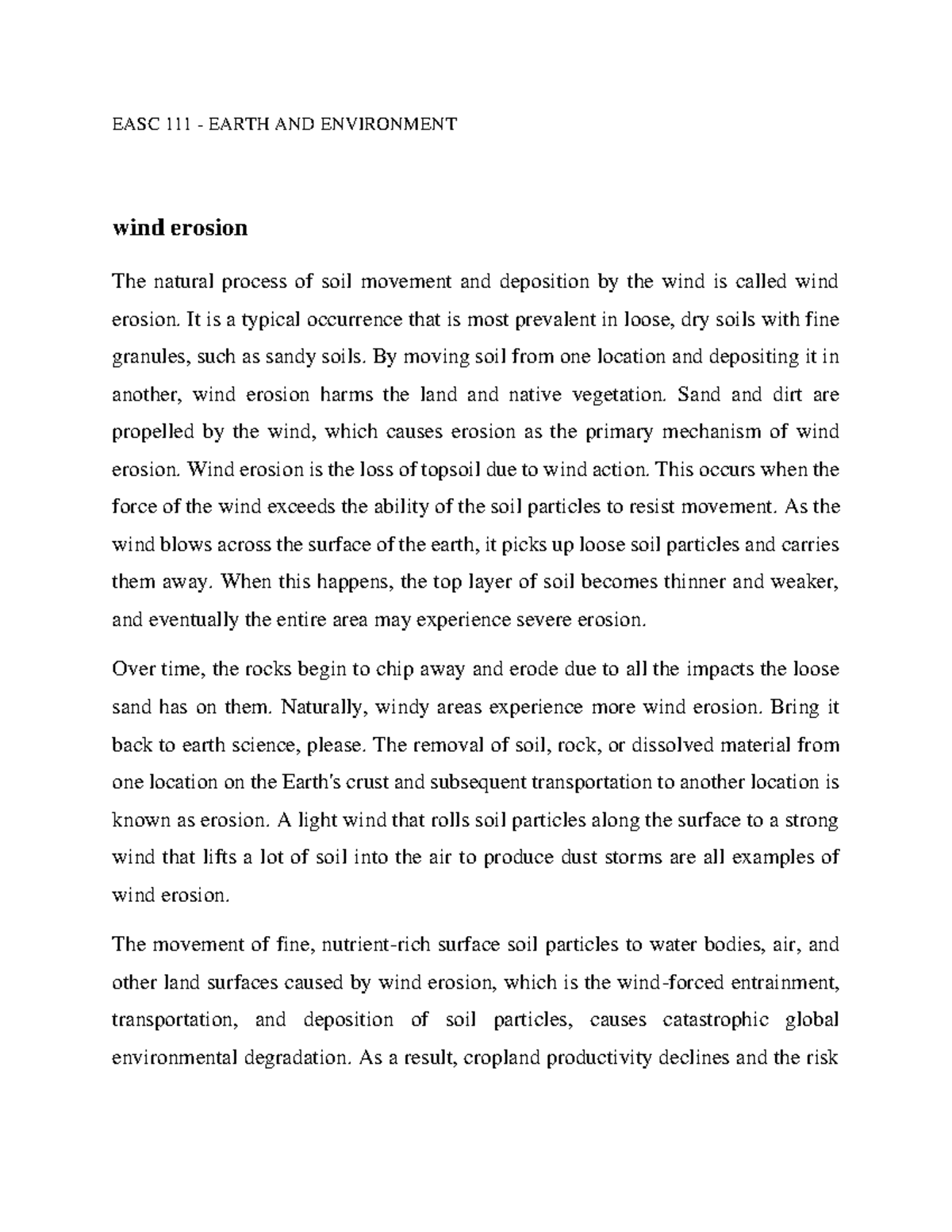 Wind erosion essay - EASC 111 - EARTH AND ENVIRONMENT wind erosion The ...