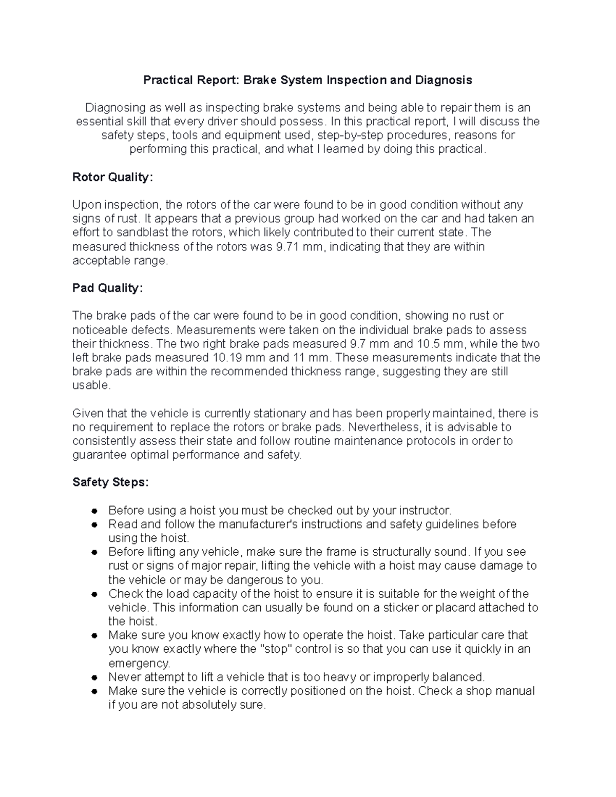 Practical Report (Brake System Inspection and Diagnosis) - Practical ...
