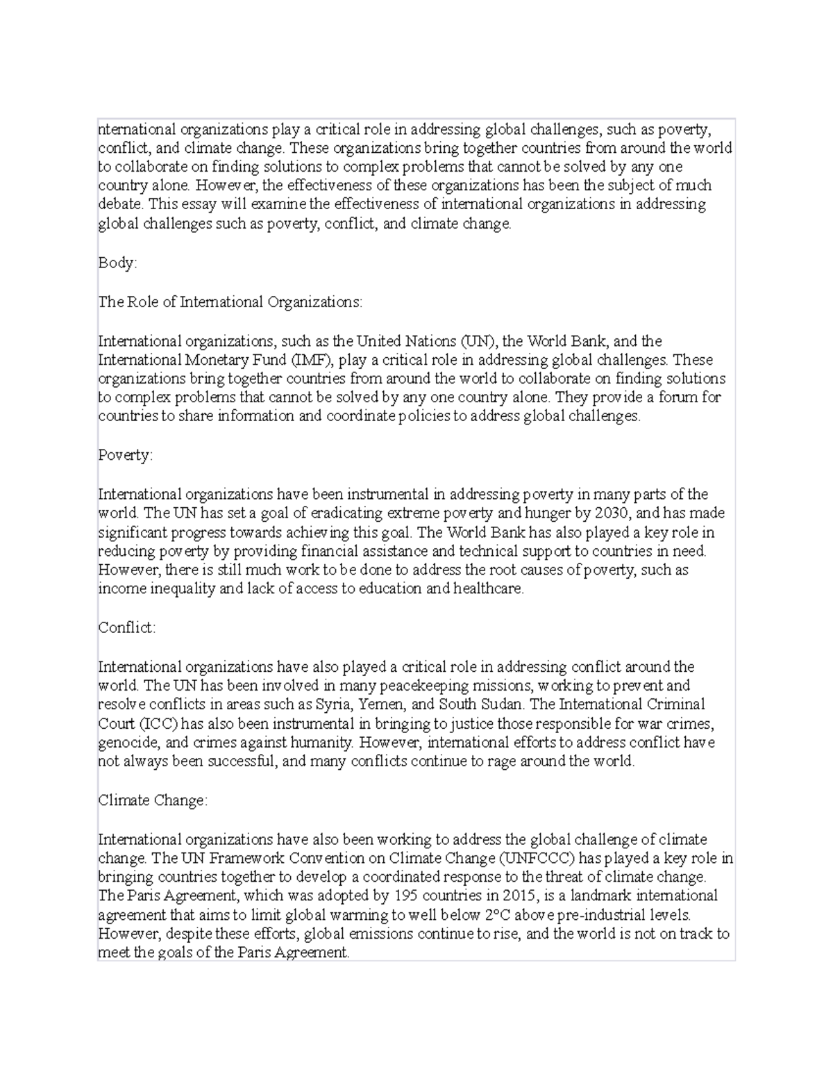 Nternational organizations play a critical role in addressing global ...