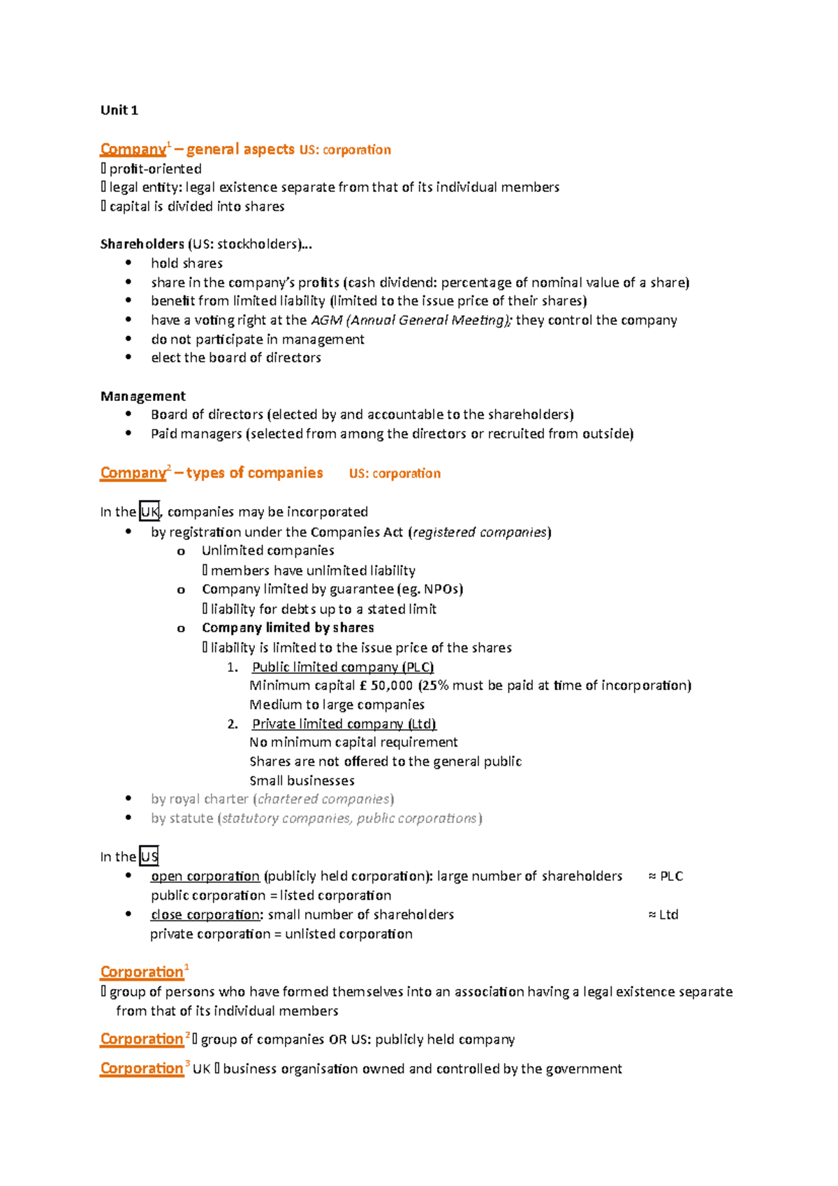 Unit 1 - Keywords - Unit 1 Company 1 – general aspects US: corporation ...