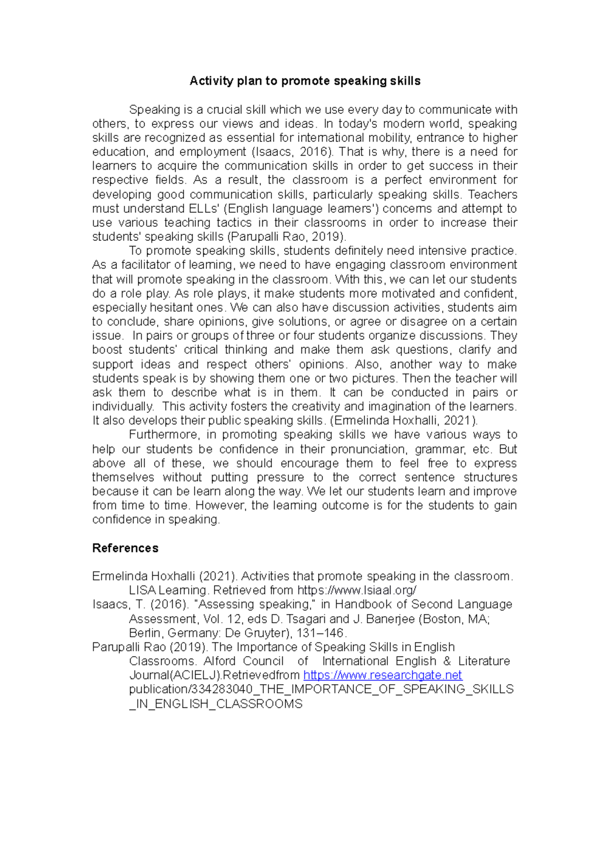 Activity plan that promotes speaking - In today's modern world ...