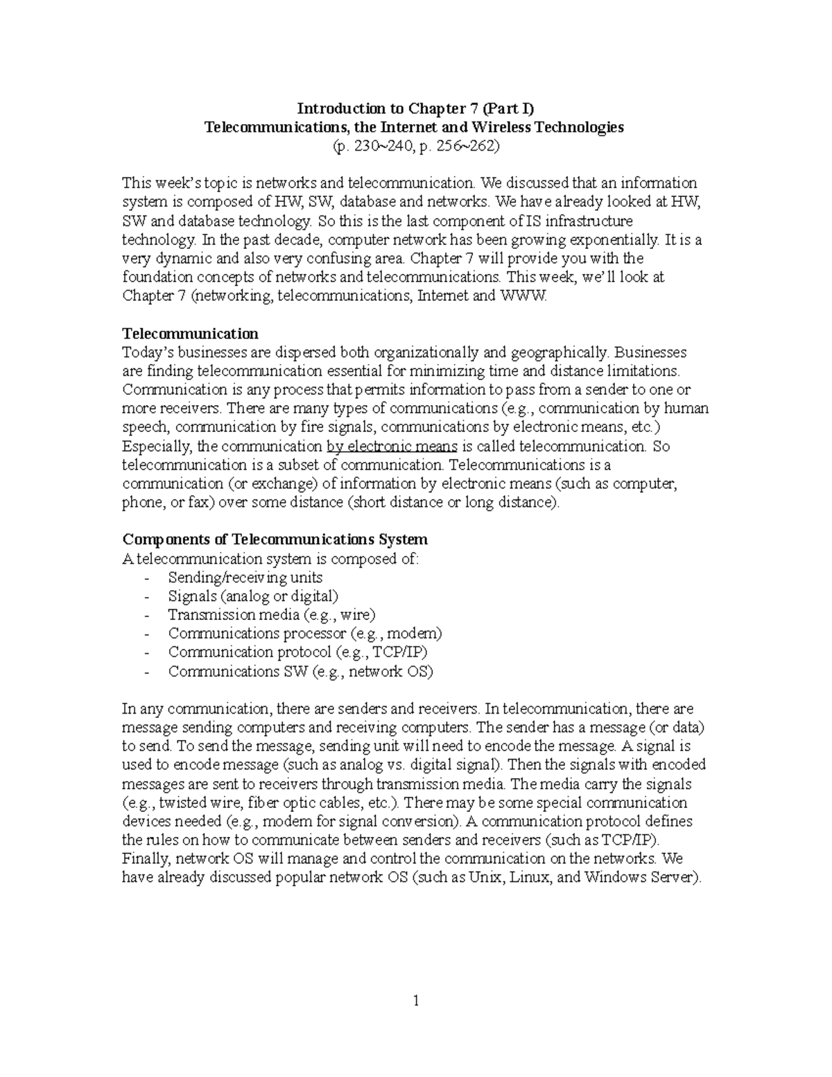 Introduction to Chapter 7 :Telecommunications, the Internet and ...