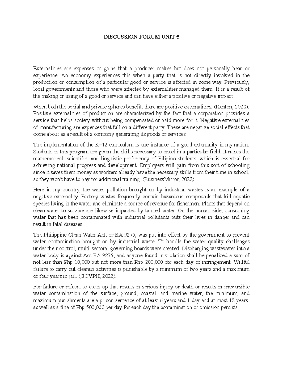 BUS 1103-01 Discussion Forum UNIT 5 - DISCUSSION FORUM UNIT 5 ...