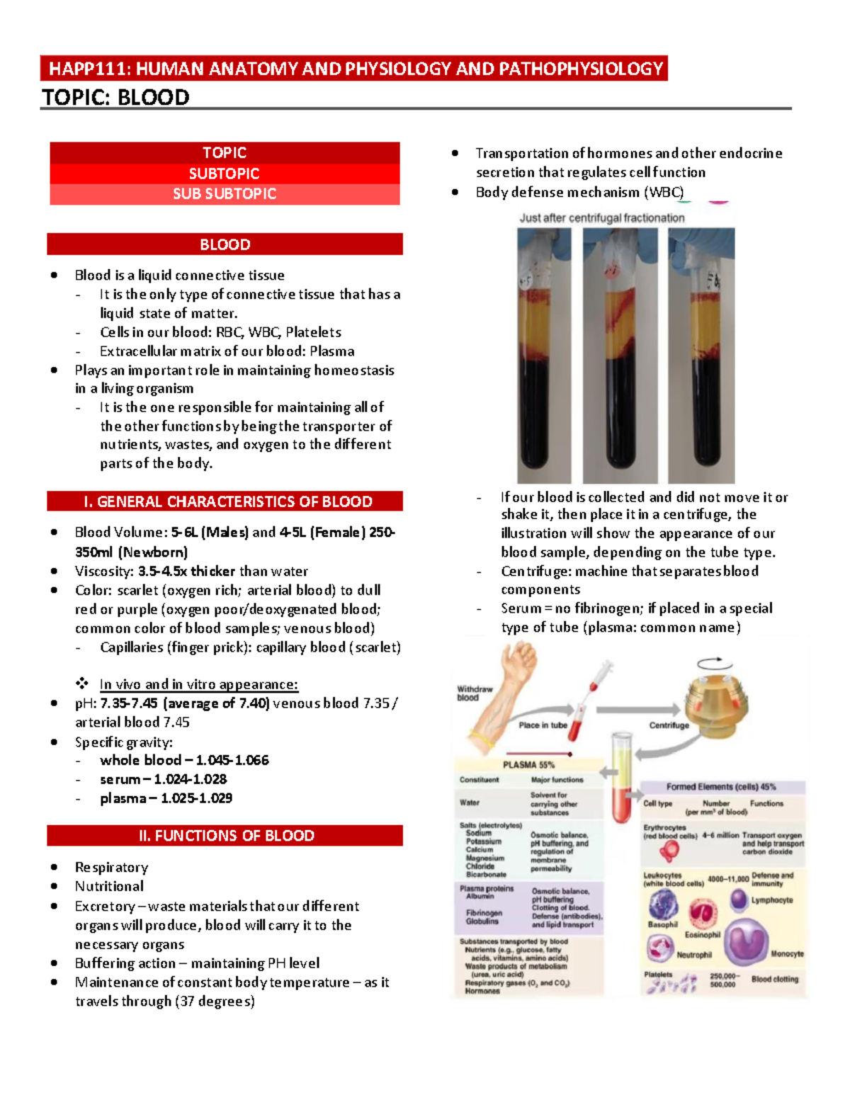 Blood - Cells in our blood: RBC, WBC, Platelets - Extracellular matrix ...