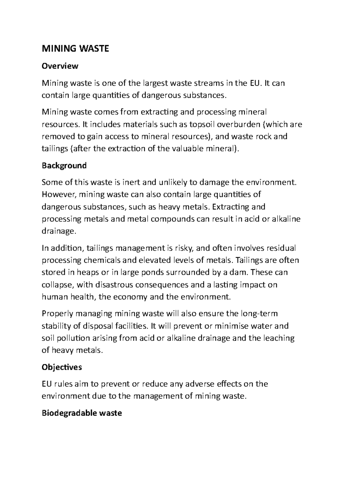 Mining Waste - MINING WASTE Overview Mining waste is one of the largest ...