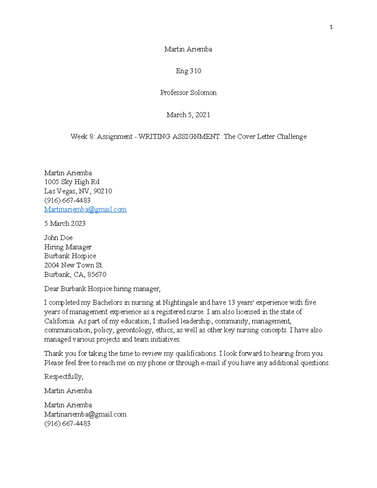 Resume and Cover Letter Assignment - 1 Martin Ariemba Eng 310 Professor ...