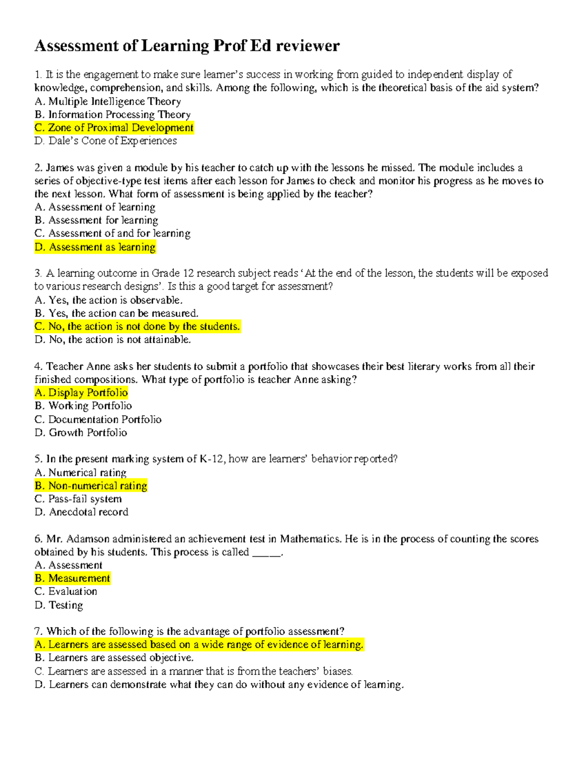 Assessment of Learning Prof Ed reviewer - Among the following, which is ...