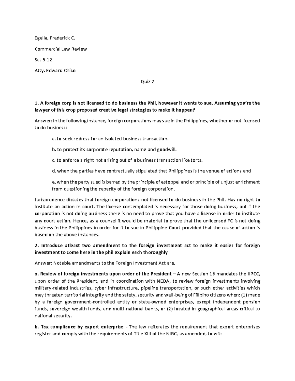Egalla, Frederick QUIZ 2 - Egalla, Frederick C. Commercial Law Review ...