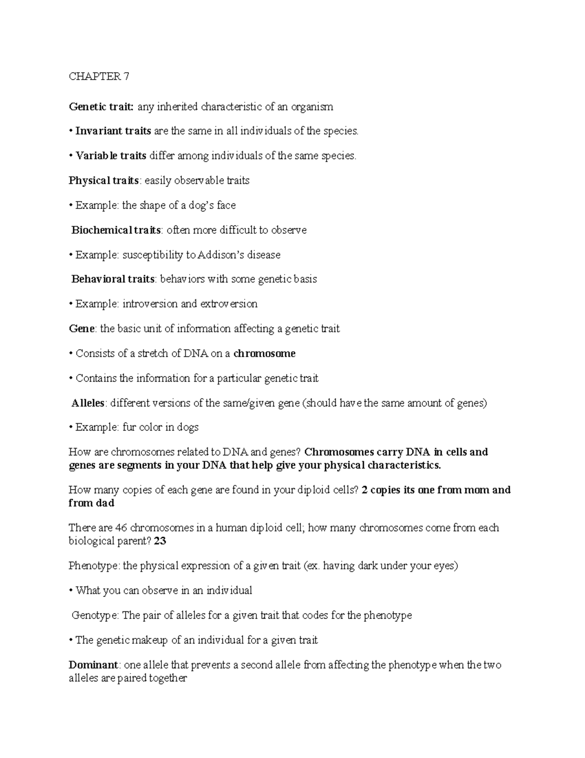 Bio 103 Notes Part 9 - CHAPTER 7 Genetic trait: any inherited ...