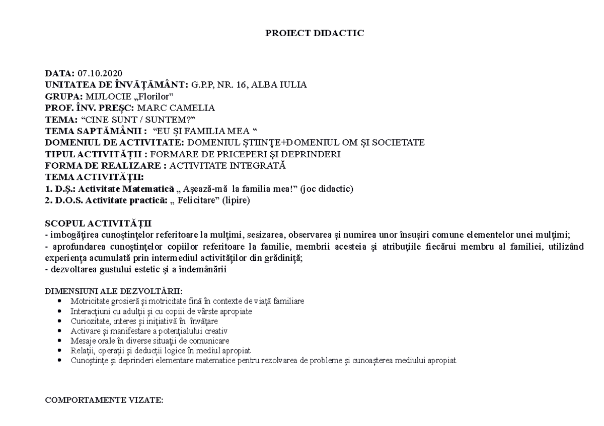 3. Familia- DS+DOS - fferggggg - PROIECT DIDACTIC DATA: 07. UNITATEA DE ÎNVĂȚĂMÂNT: G.P, NR. 16 ...