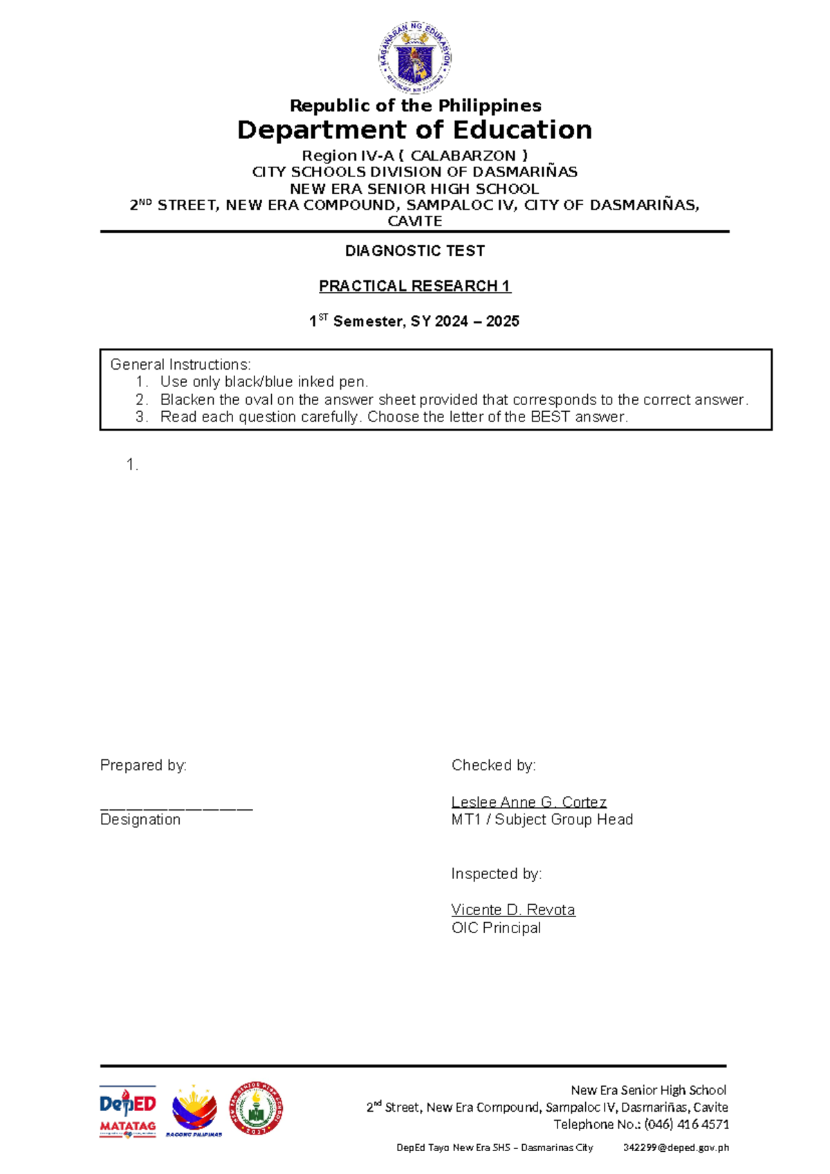 Diagnostic TEST - test - Republic of the Philippines Department of ...