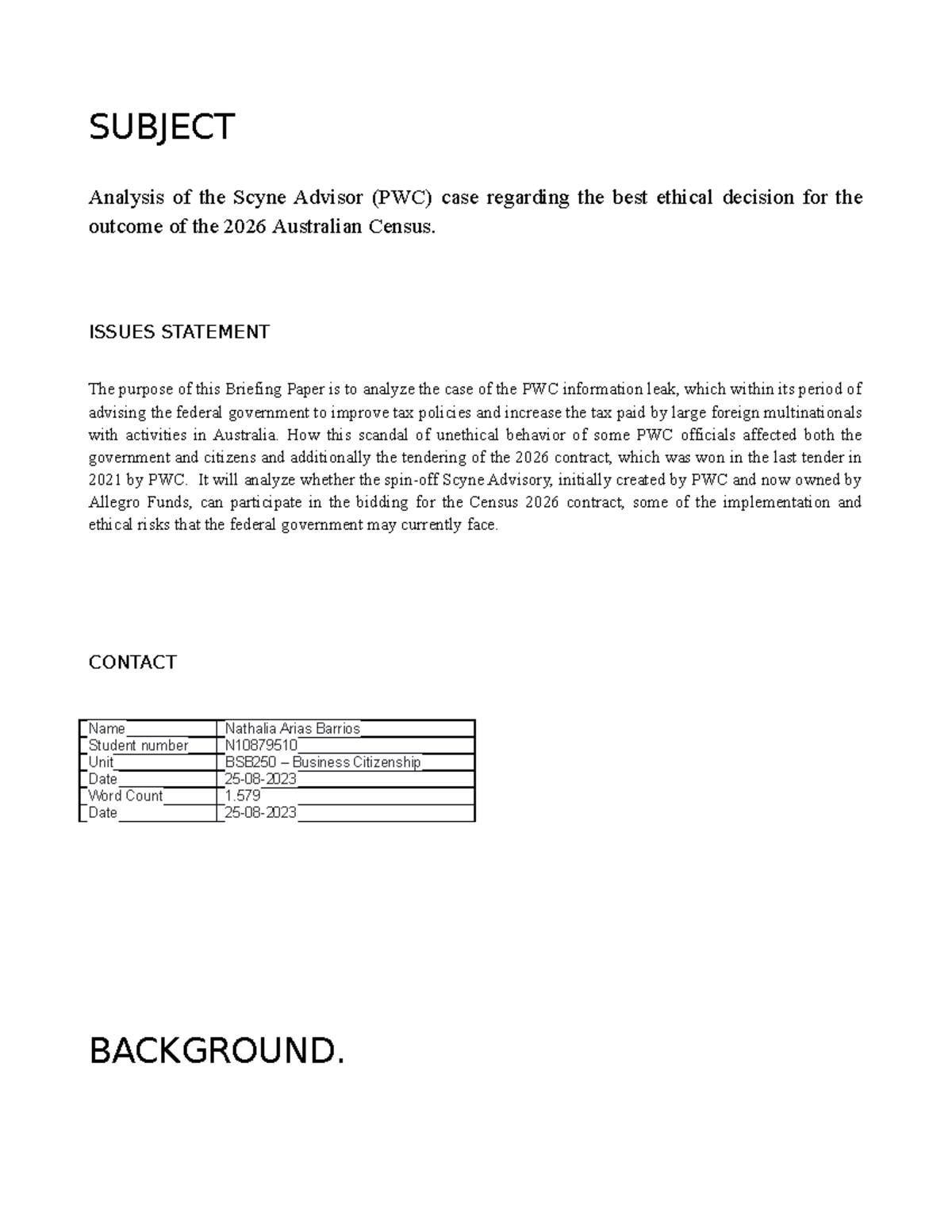BSB250 Assessment 1 - SUBJECT Analysis of the Scyne Advisor (PWC) case ...