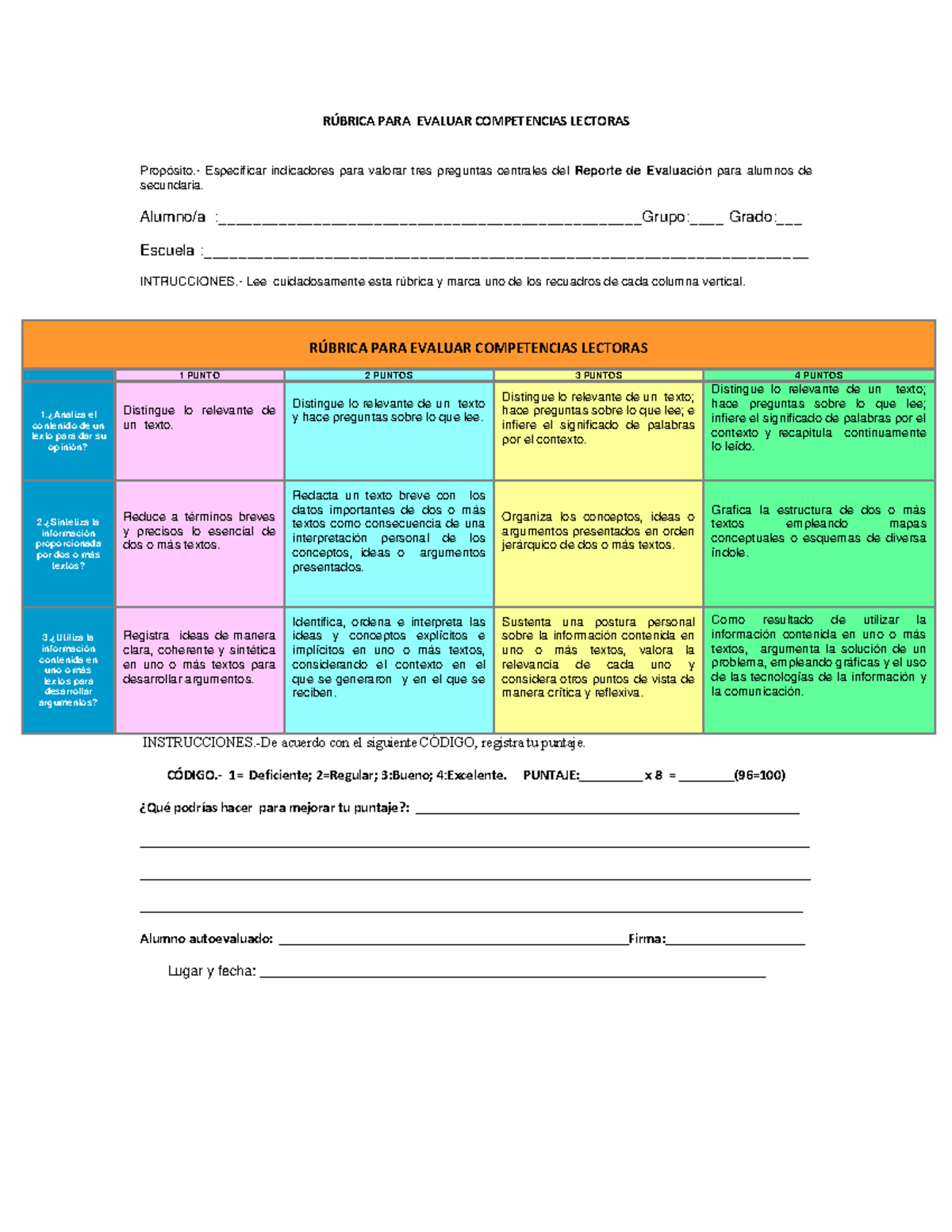 Rubrica para evaluar competencias lectoras en primaria - R⁄BRICA PARA EVALUAR COMPETENCIAS ...